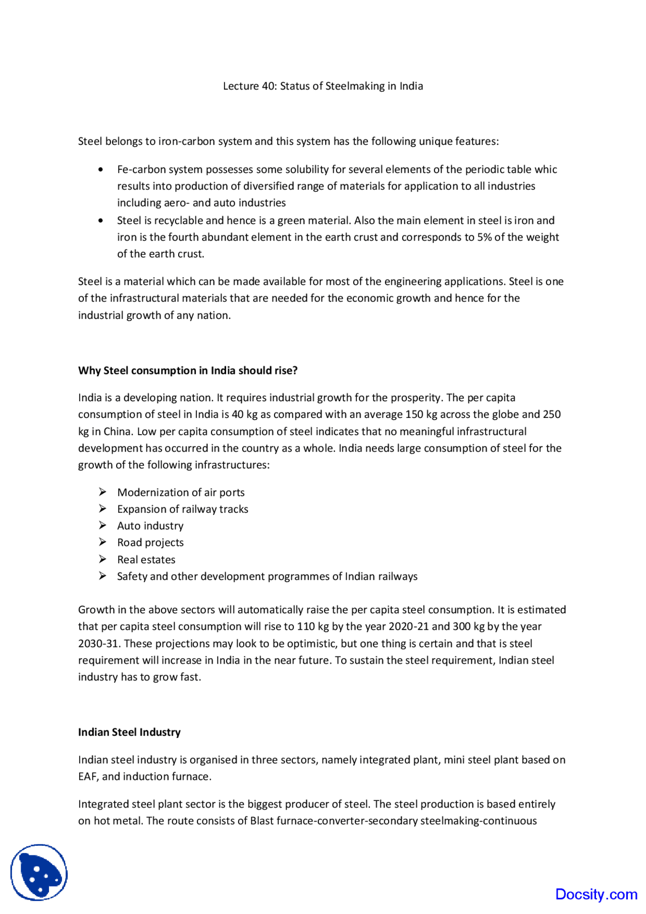 Status of Steelmaking in India - Steel Making - Lecture Notes - Docsity