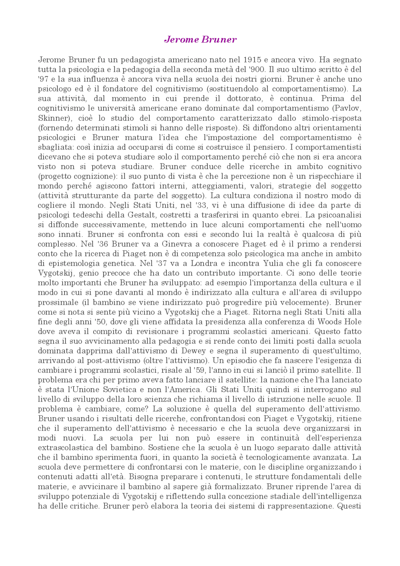 Jerome Bruner Appunti Pedagogia Docsity