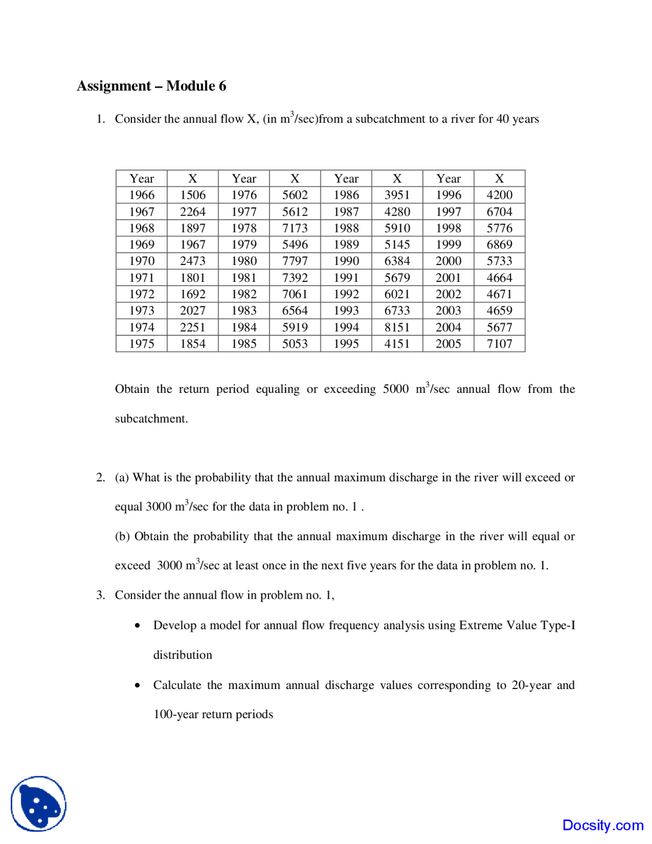 Annual Flow Stochastic Hydrology Assignment Docsity