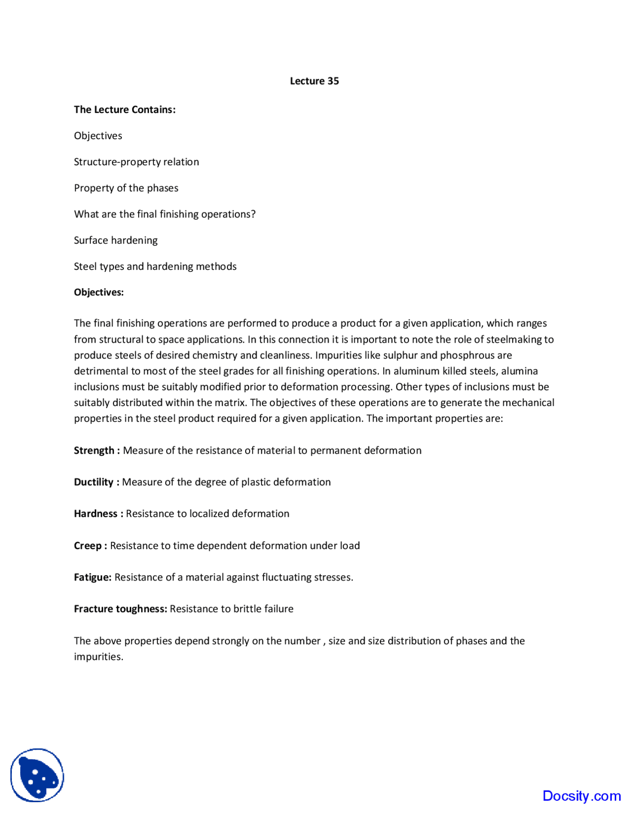 Structure-Property Relation - Steel Making - Lecture Notes - Docsity