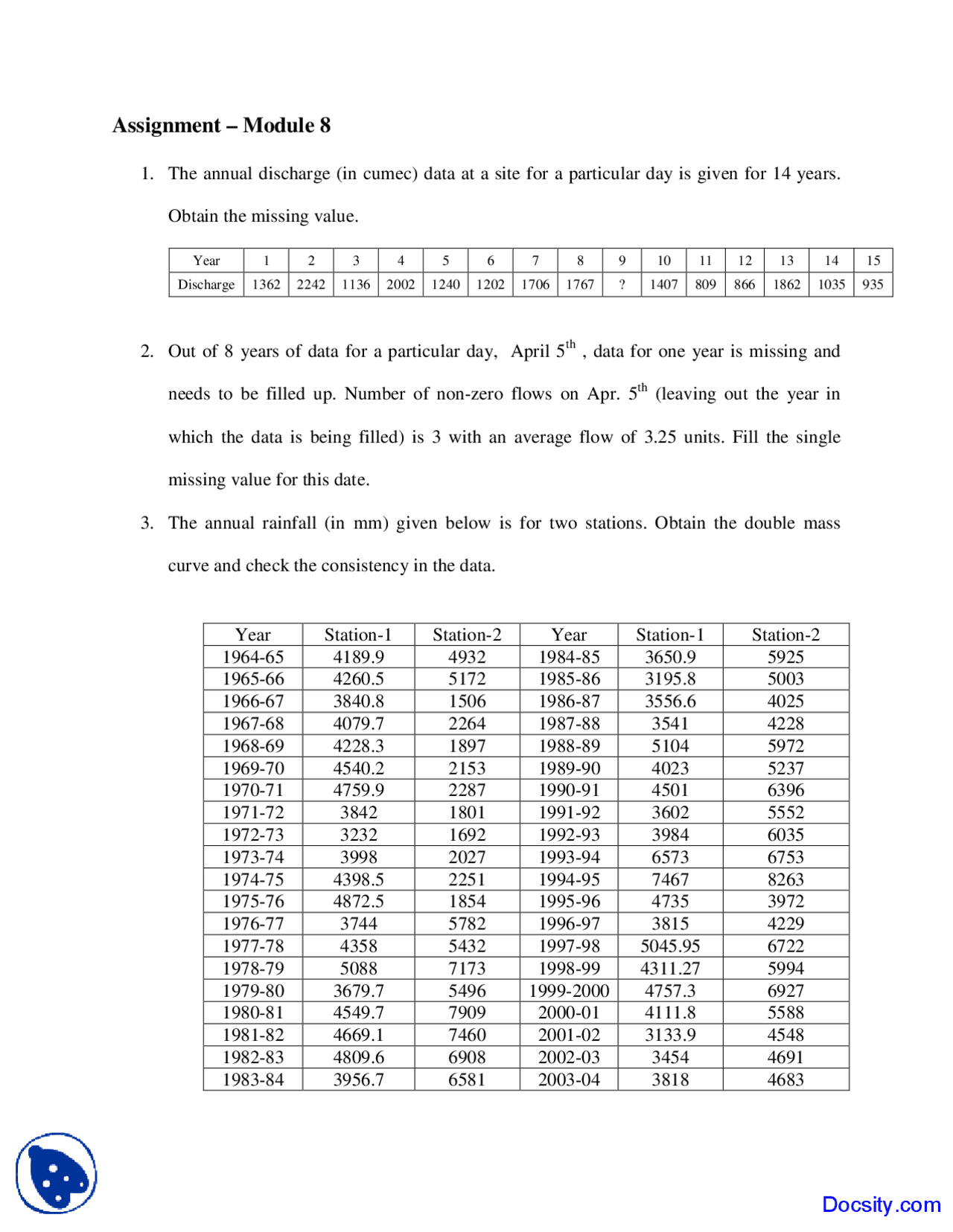 Annual Discharge Stochastic Hydrology Assignment Docsity