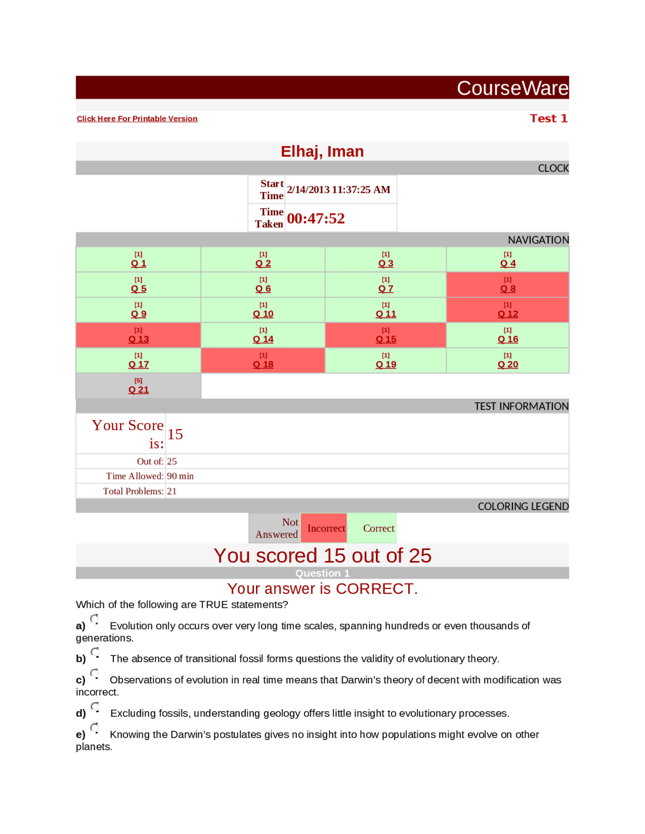 Evolutionary Biology Test 1 Courseware With Solved Questions Biol