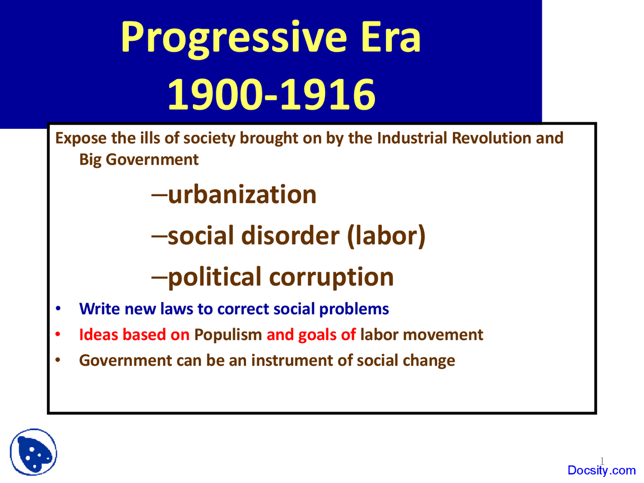 Progressive Era - Social Legislation - Lecture Slides - Docsity