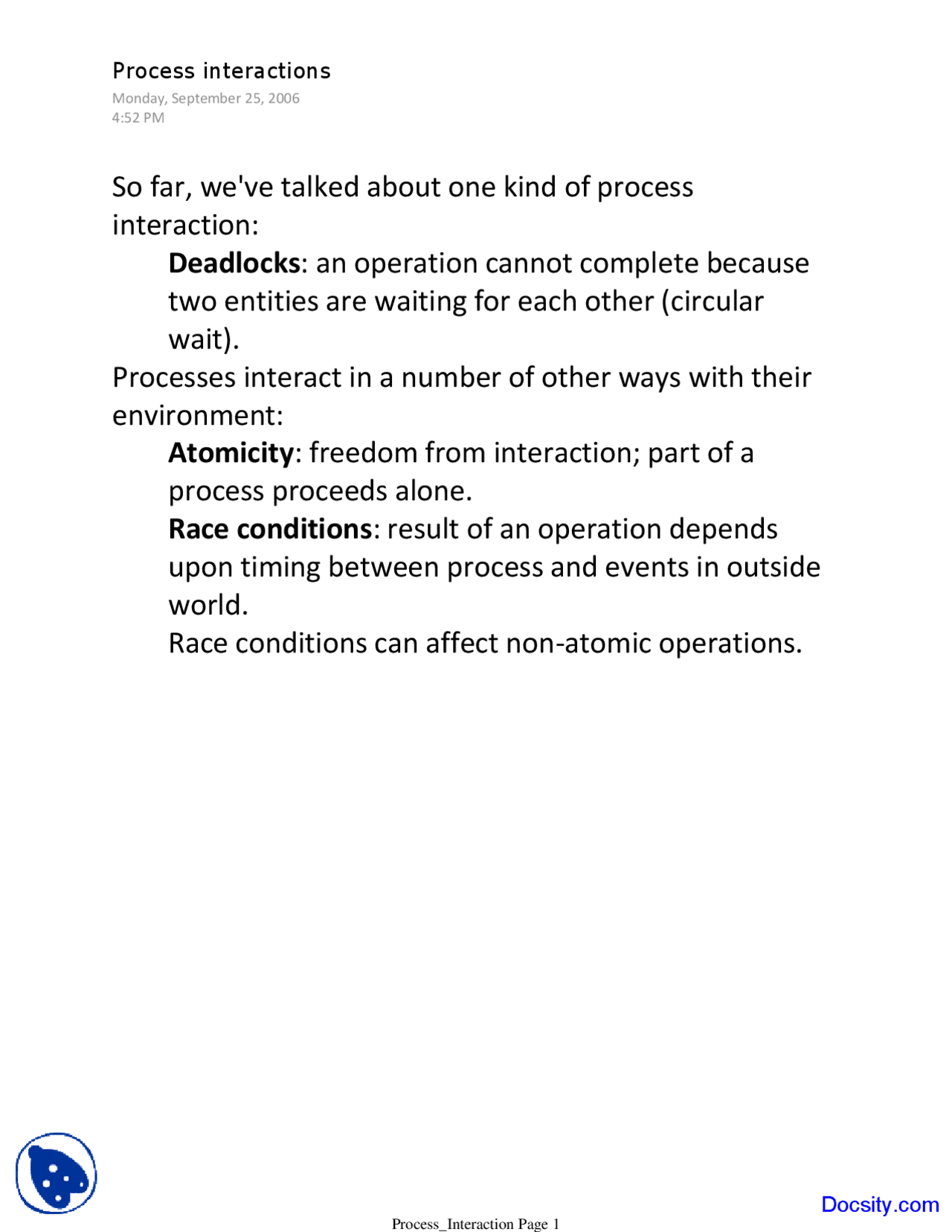 Process Interactions Operating Systems Lecture Notes Docsity