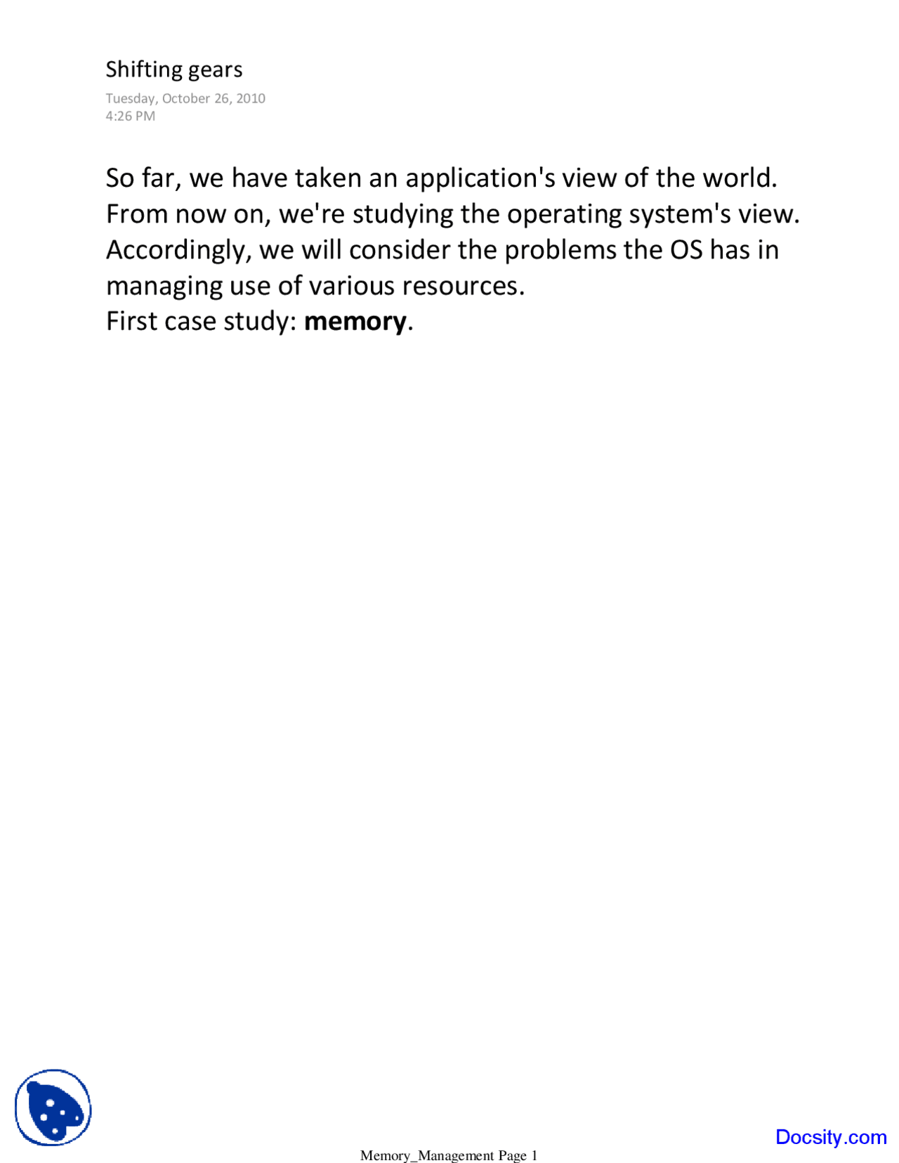 Memory Management - Operating Systems - Lecture Notes - Docsity