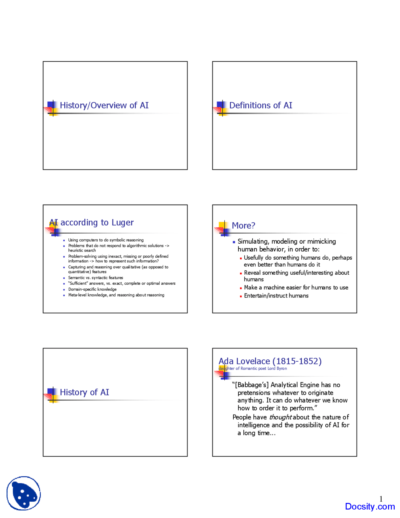 History Artificial Inteligence Lecture Slides Docsity