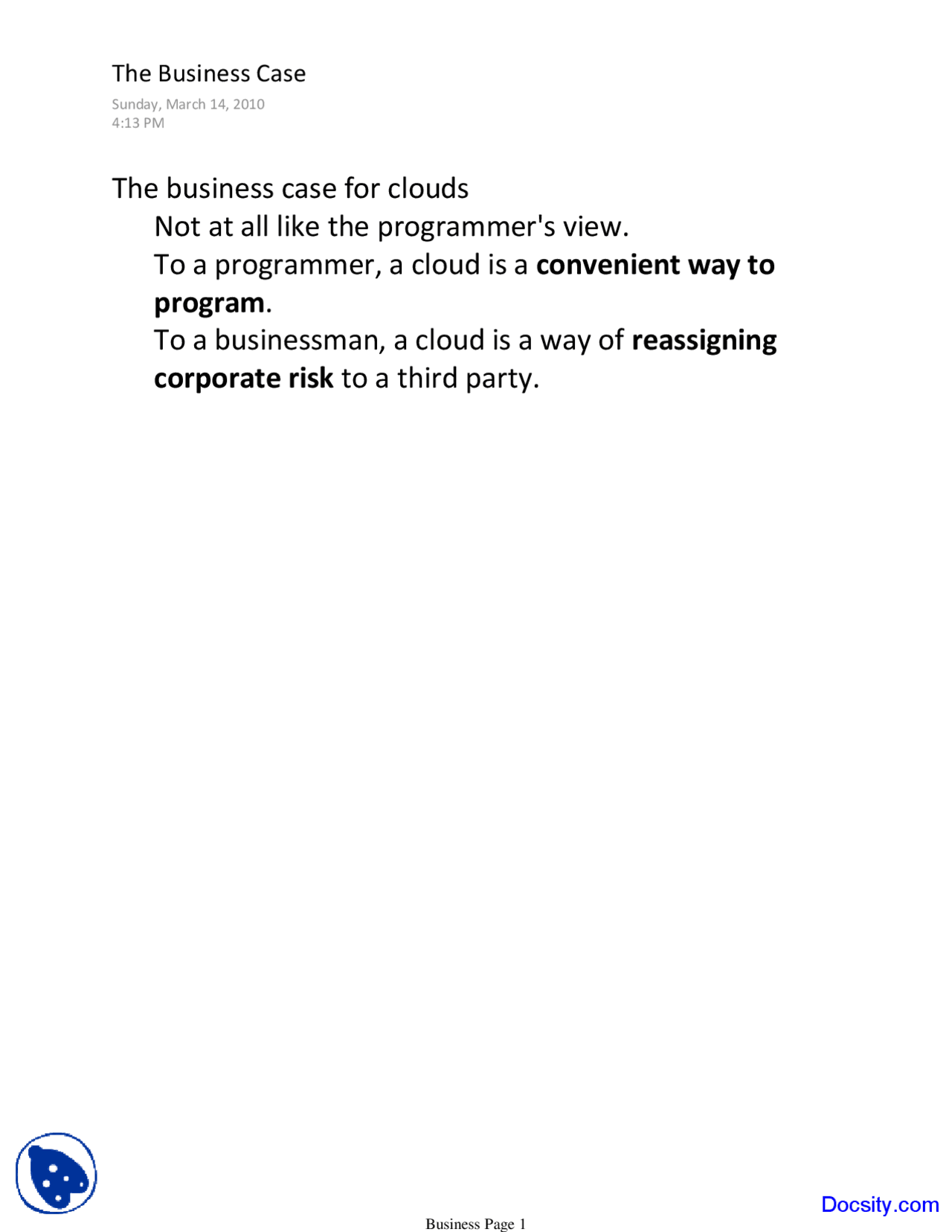 Business Clouds And Power Aware Computing Lecture Notes Docsity