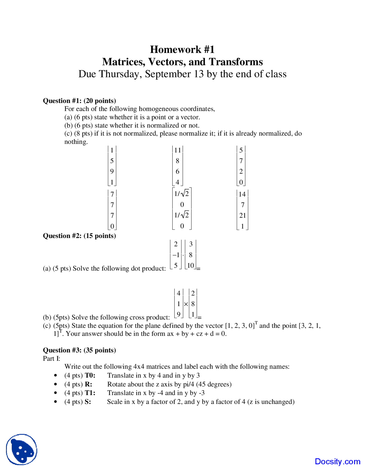 Matrices Vectors Introduction To Computer Graphics Assignment Docsity