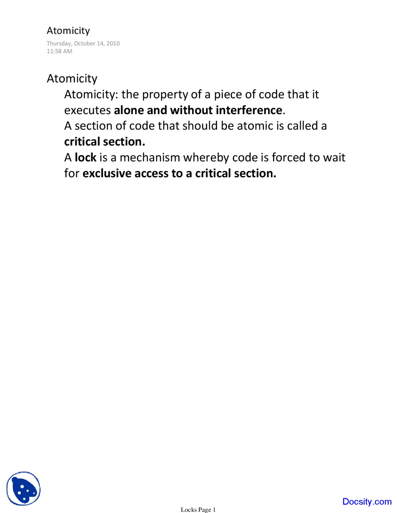 Facts About Locking Operating Systems Lecture Notes Docsity