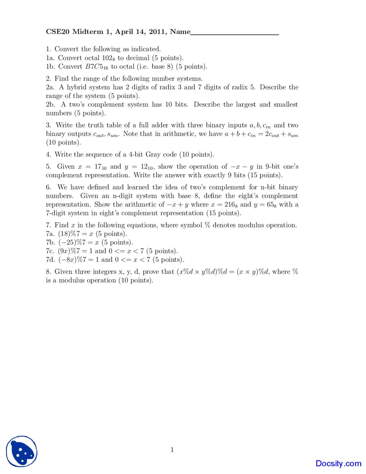 Range Of Number Systems Discrete Mathematics Exam Docsity