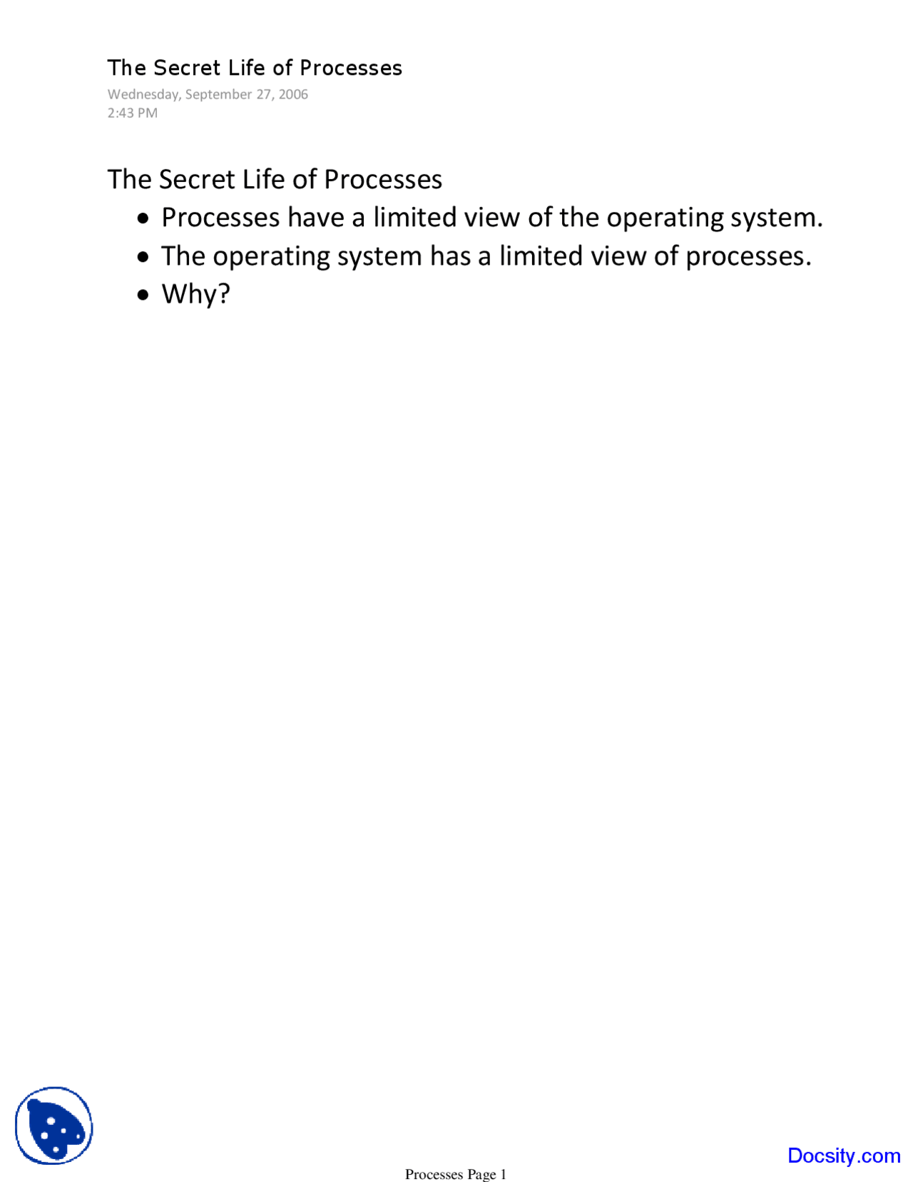 Secret Life of Processes - Operating Systems - Lecture Notes - Docsity