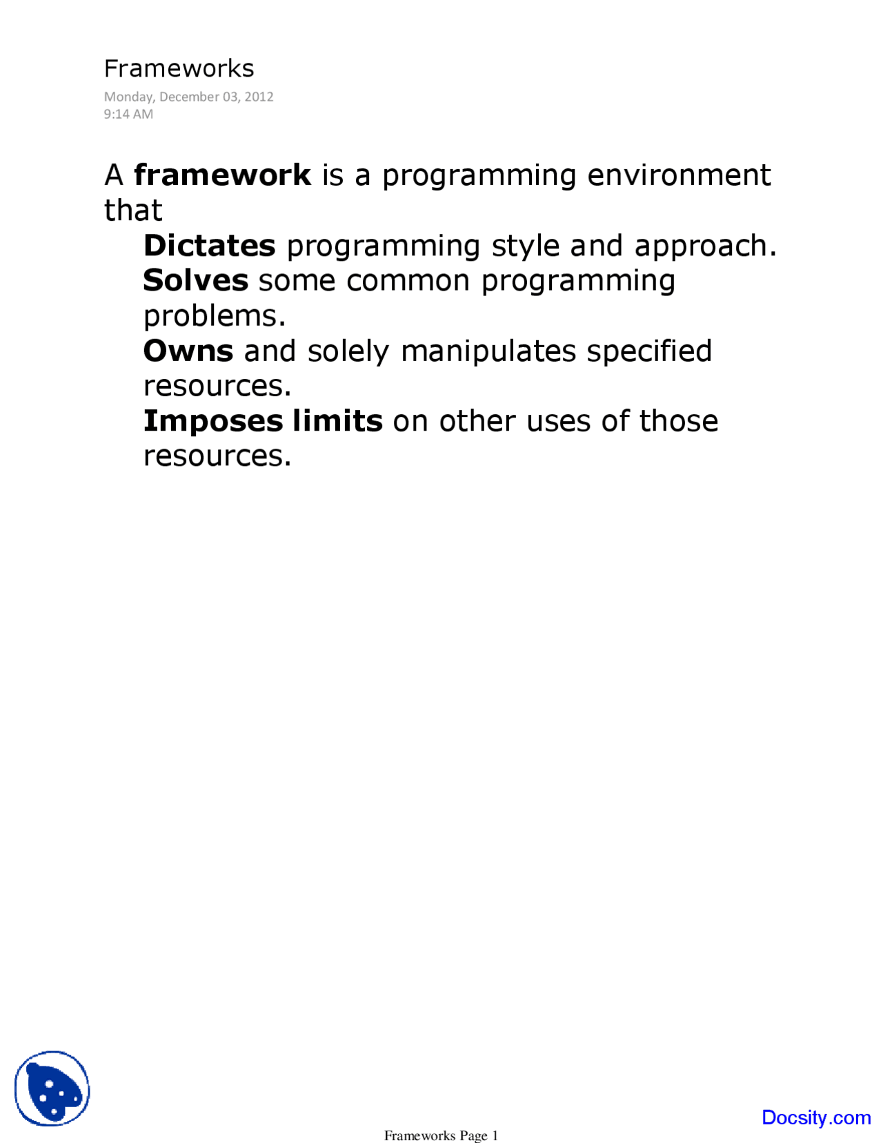 Frameworks Principles Of Software Development Lecture Notes Docsity