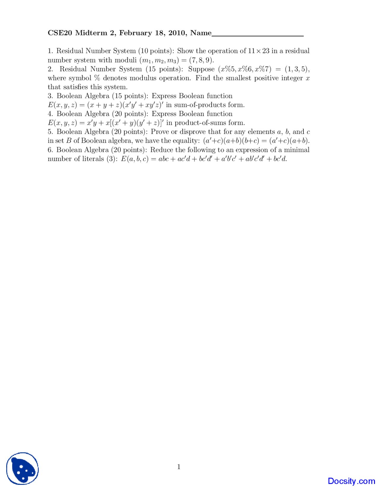 Residual Number System Discrete Mathematics Exam Docsity