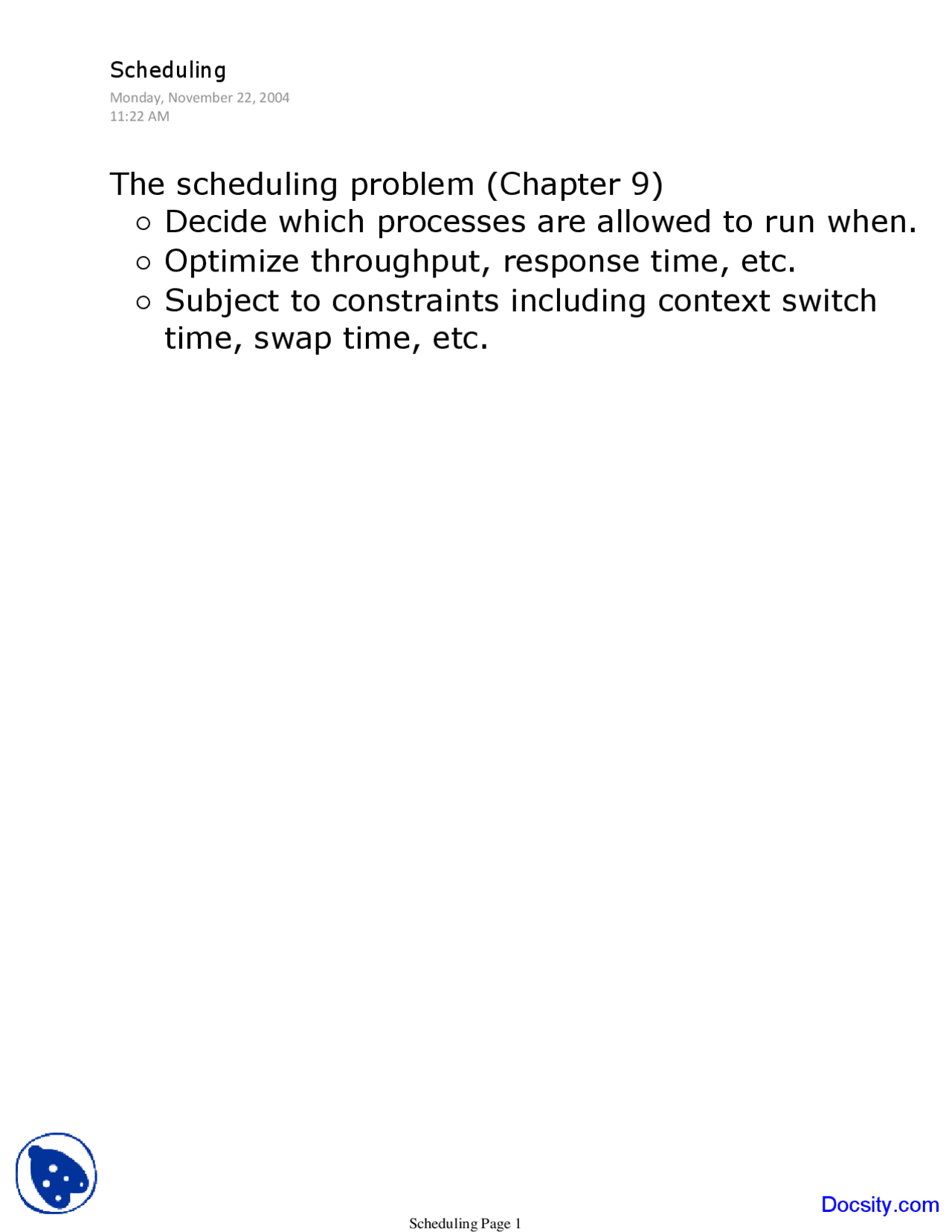 Scheduling Problem Operating Systems Lecture Notes Docsity