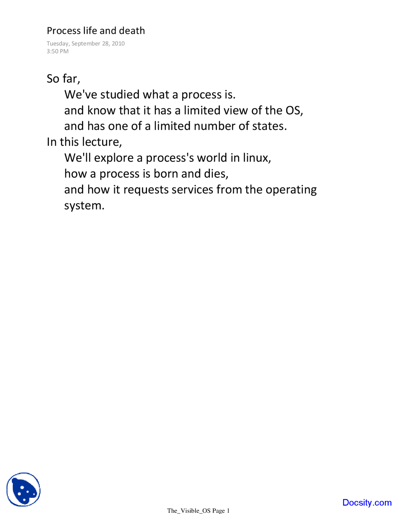 Visible Operating Systems - Operating Systems - Lecture Notes - Docsity