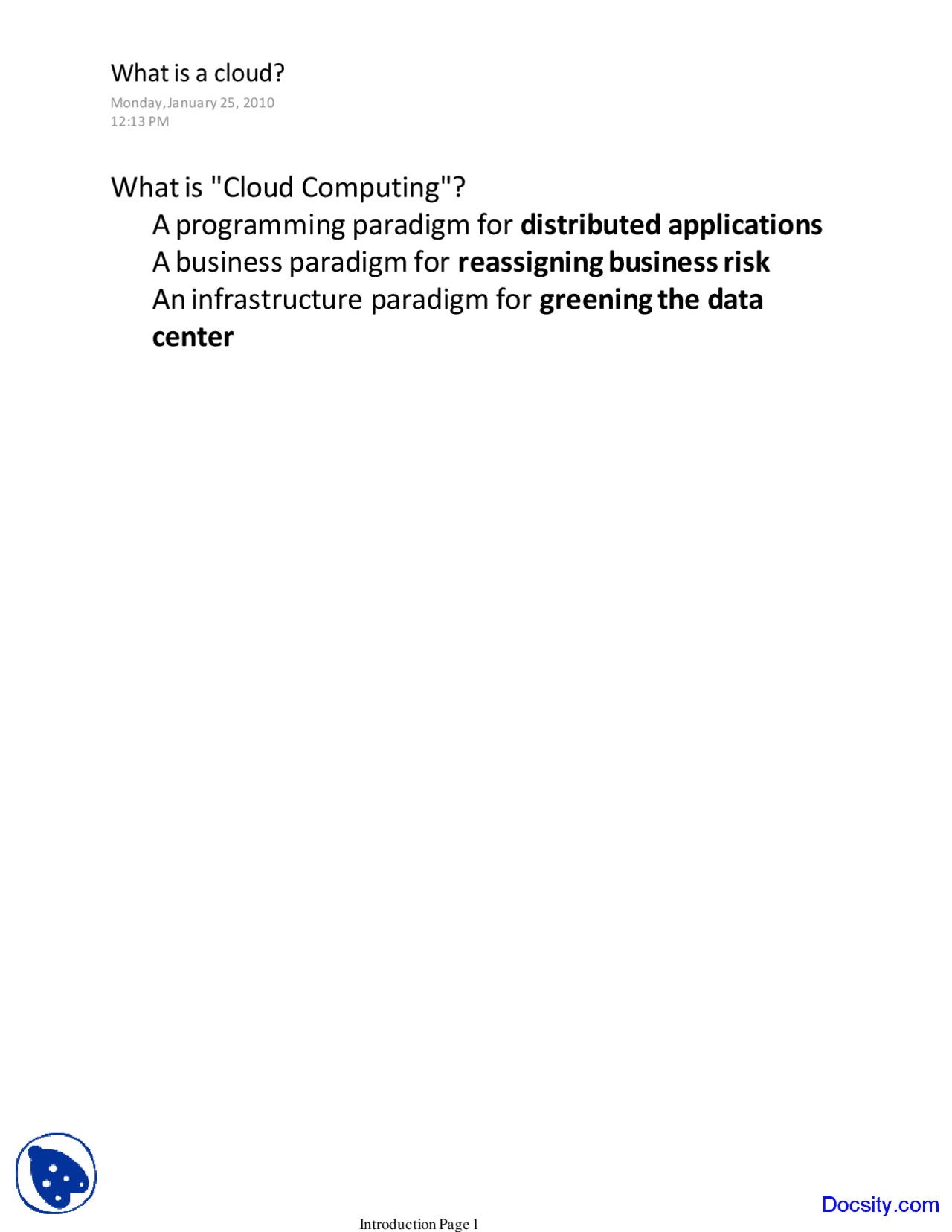 Cloud Computing Clouds And Power Aware Computing Lecture Notes Docsity