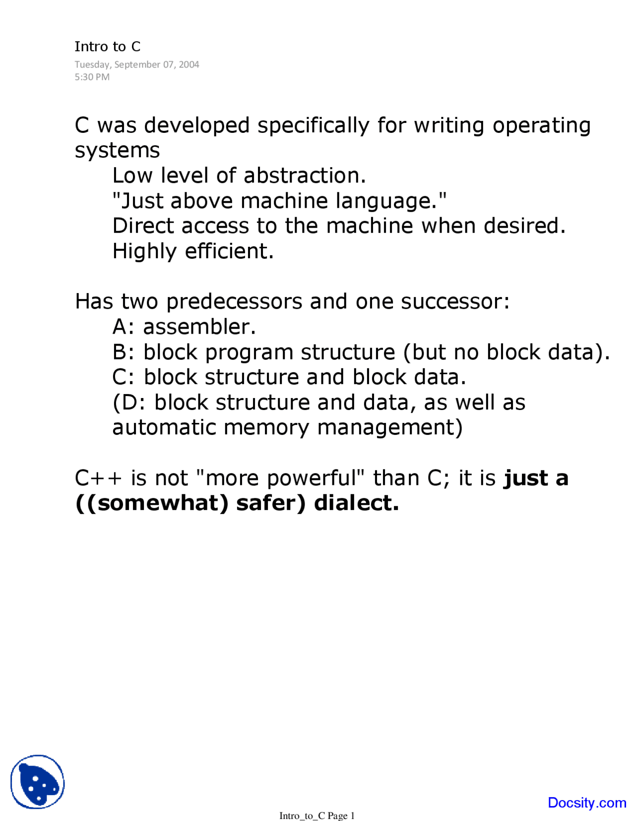 Introduction to C - Operating Systems - Lecture Notes | Study notes ...