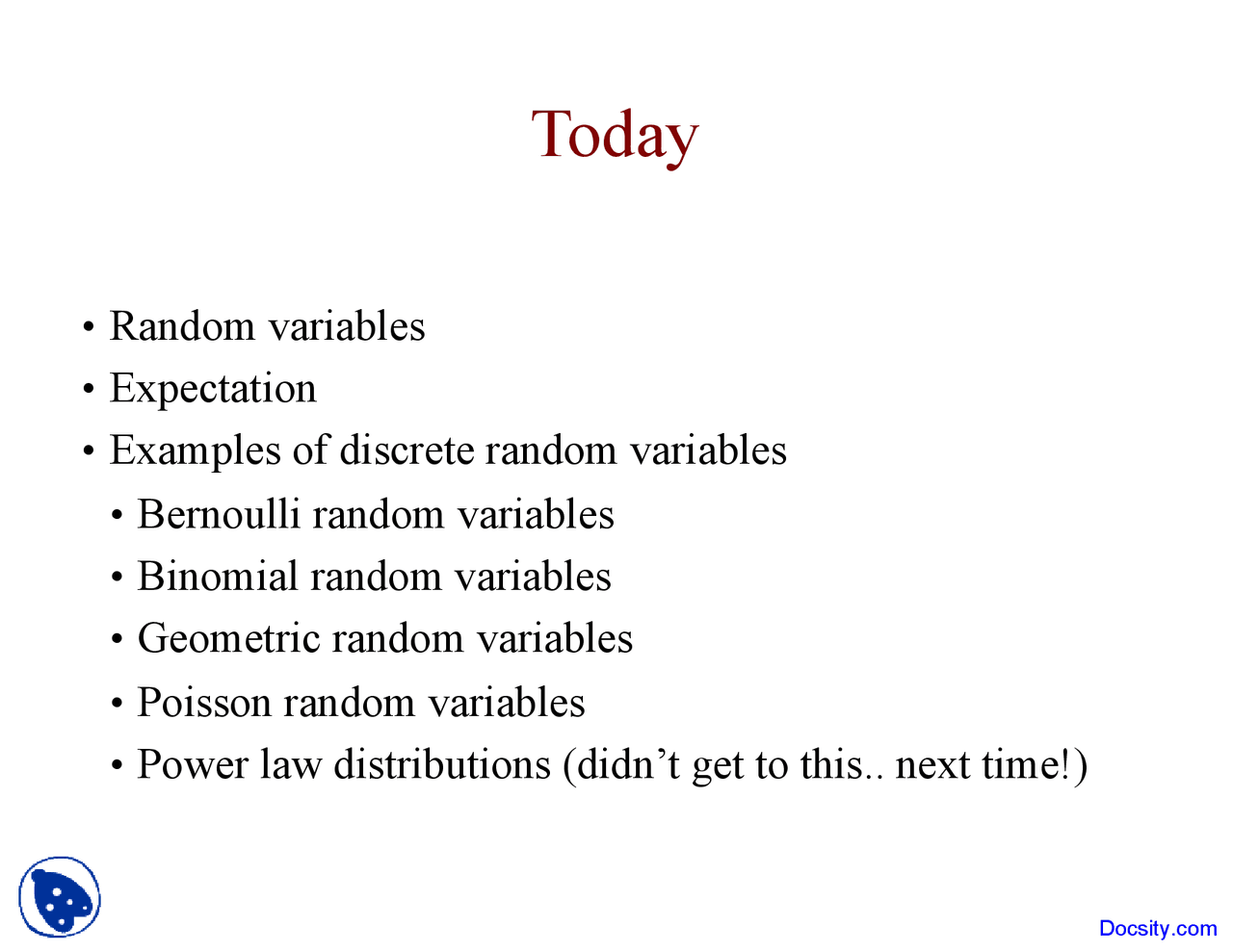 Random Variables Computer System Modeling Fundamentals Lecture