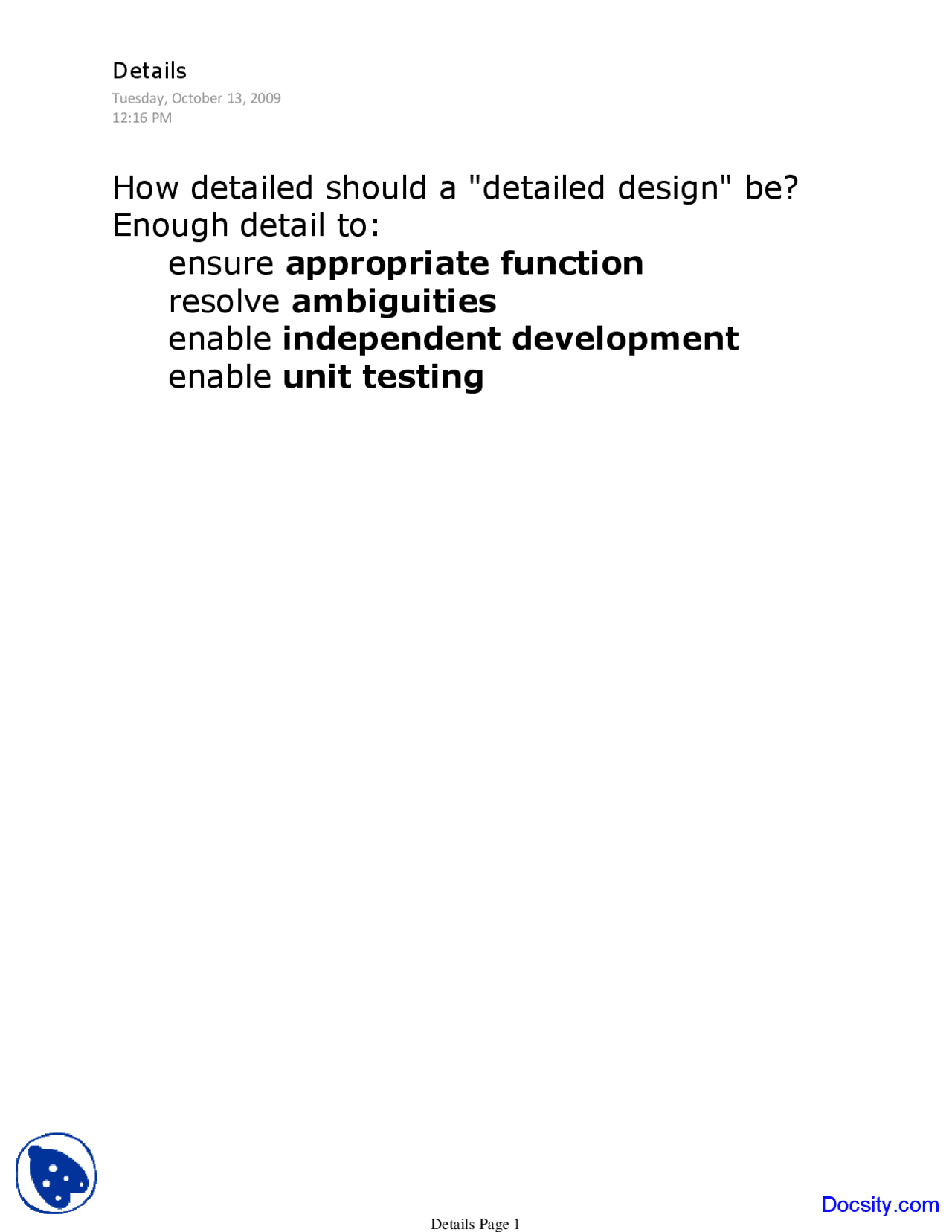Detailed Design Principles Of Software Development Lecture Notes