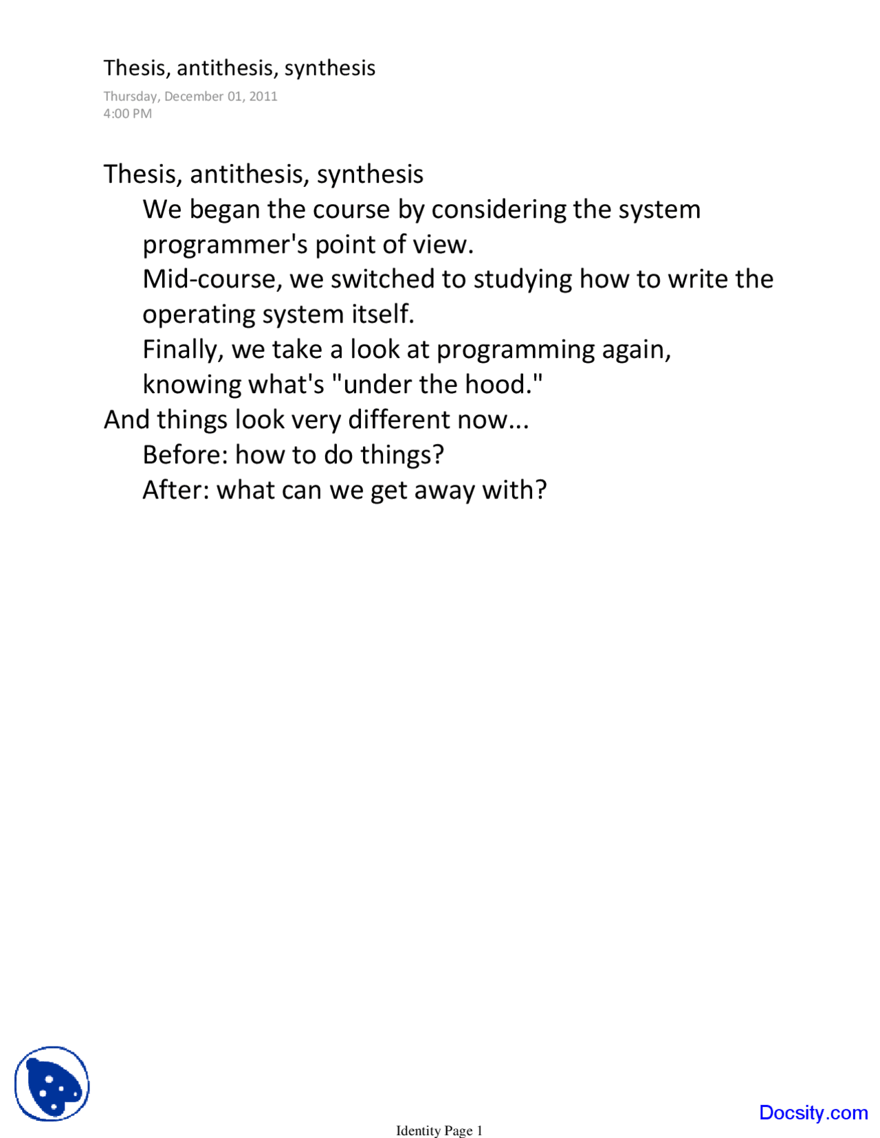 Identity Operating Systems Lecture Notes Docsity