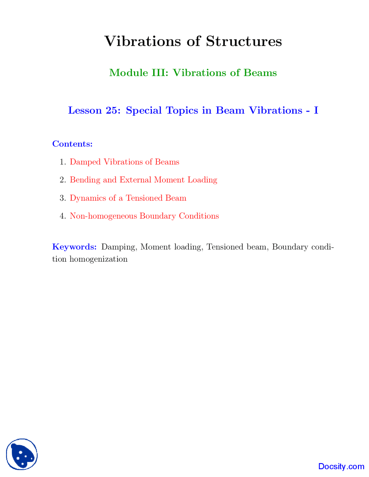 Topics In Beam Vibrations Vibration Of Structures Lecture Notes