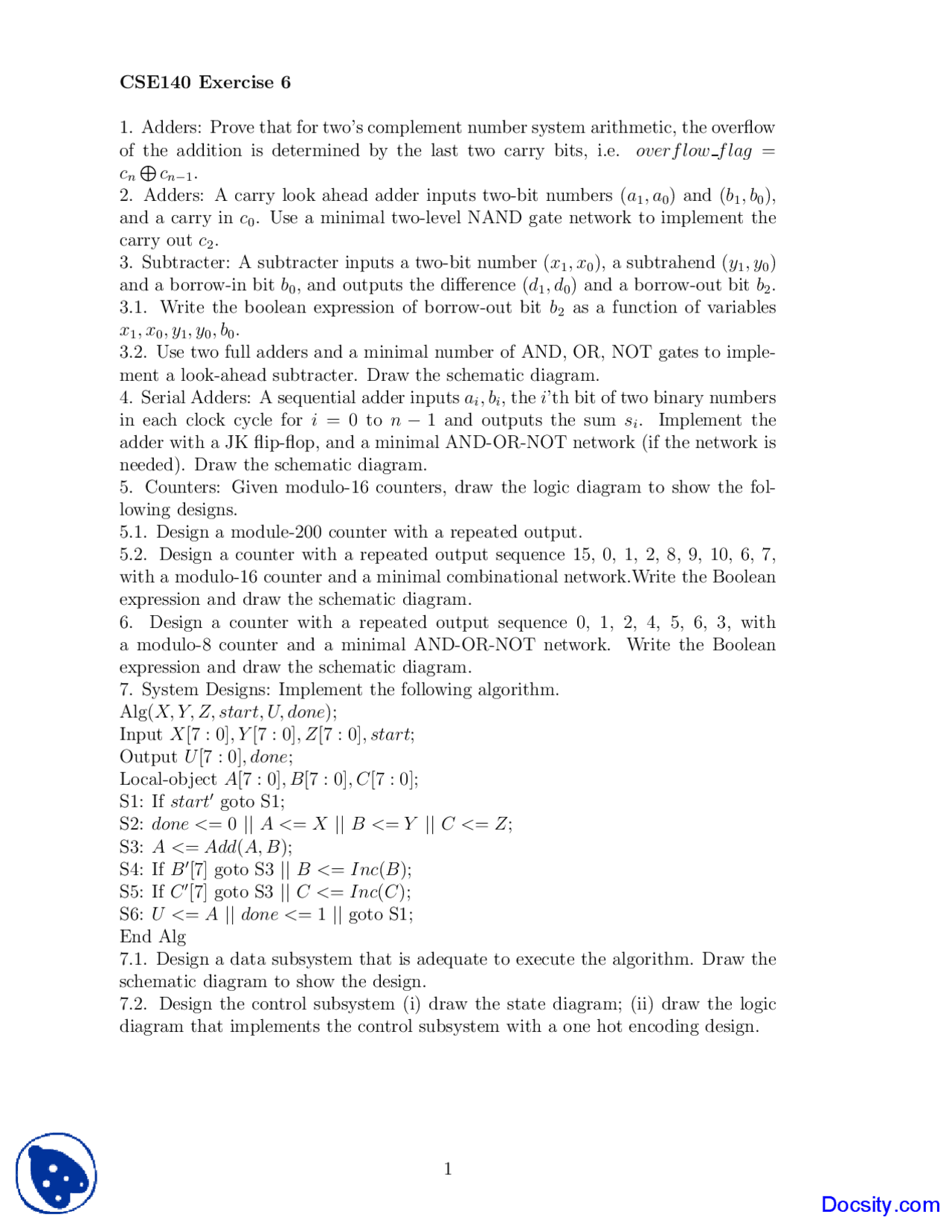 Complement Number System - Design Techniques for Digital Systems - Exam - Docsity
