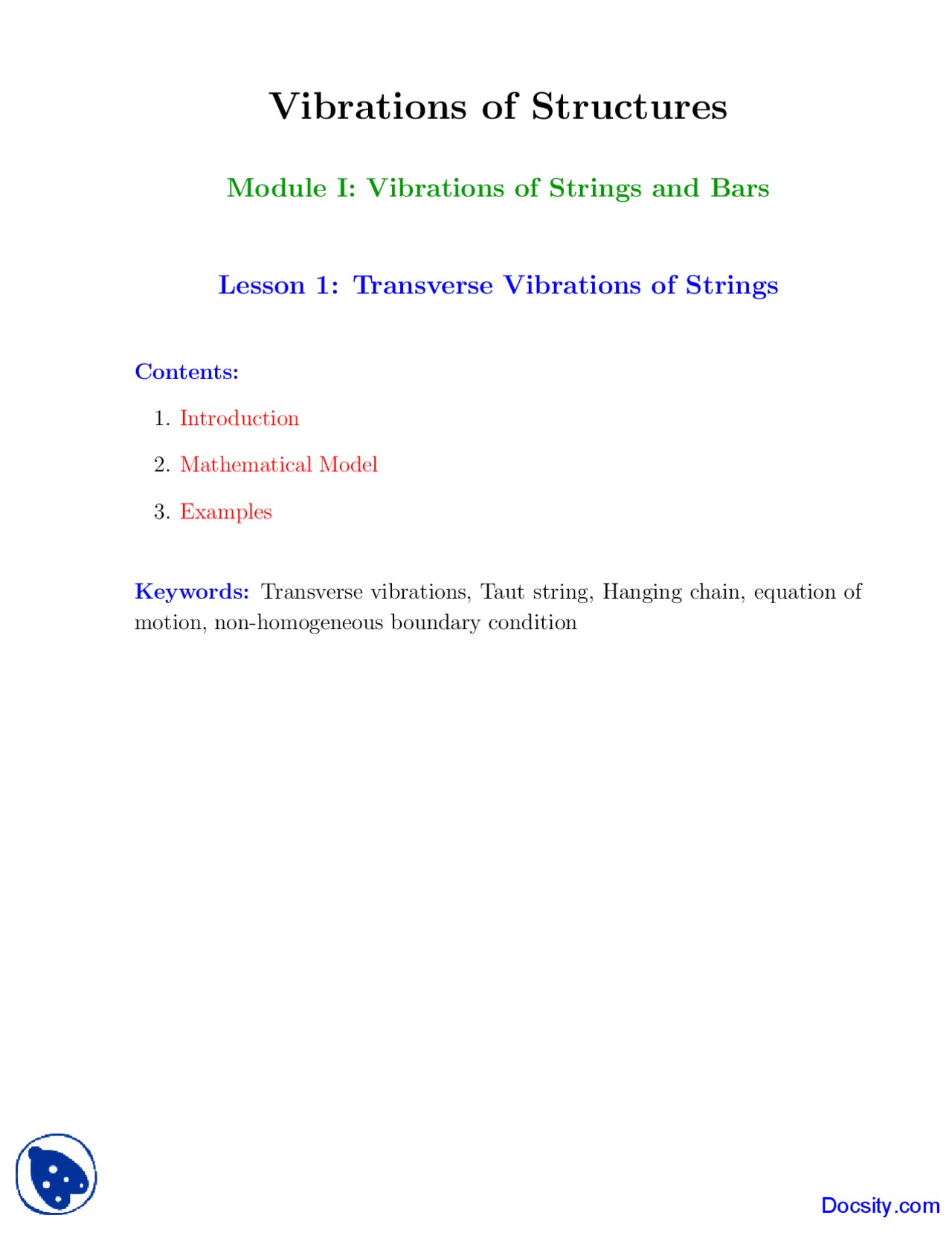 Transverse Vibrations of Strings - Vibration of Structures - Lecture ...