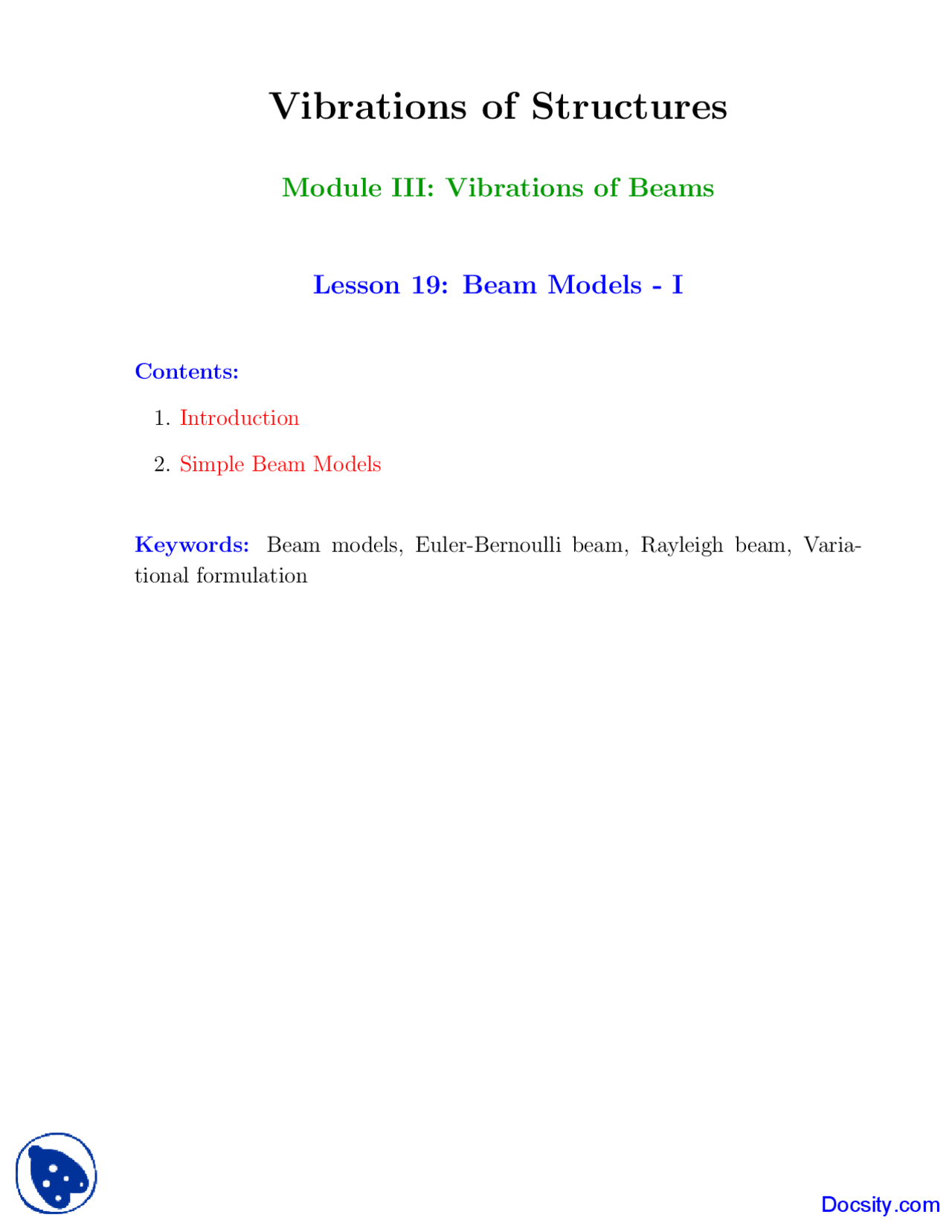 Beam Models - Vibration of Structures - Lecture Notes - Docsity