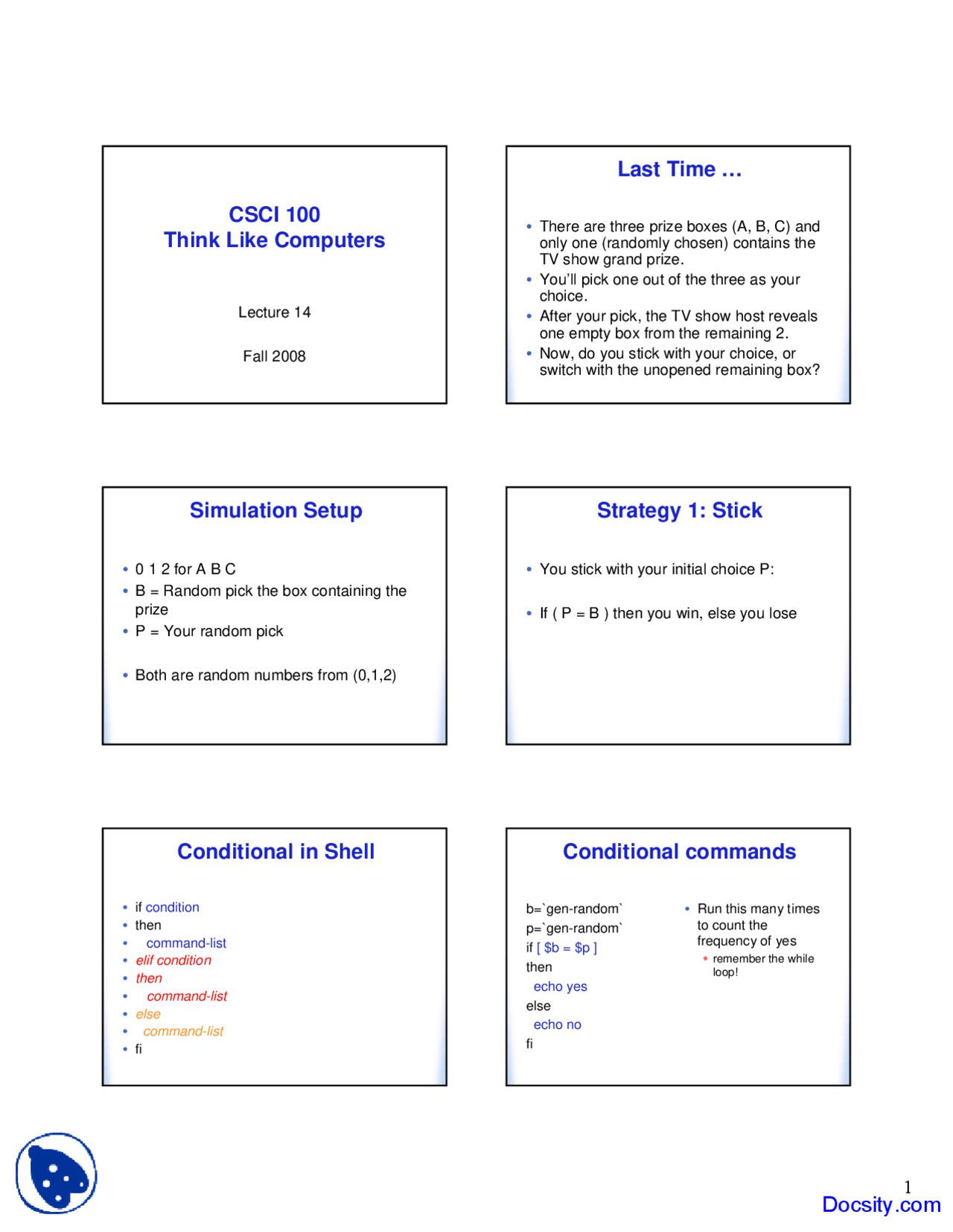 Conditional Commands - Thinking Like Computers - Lecture Slides - Docsity