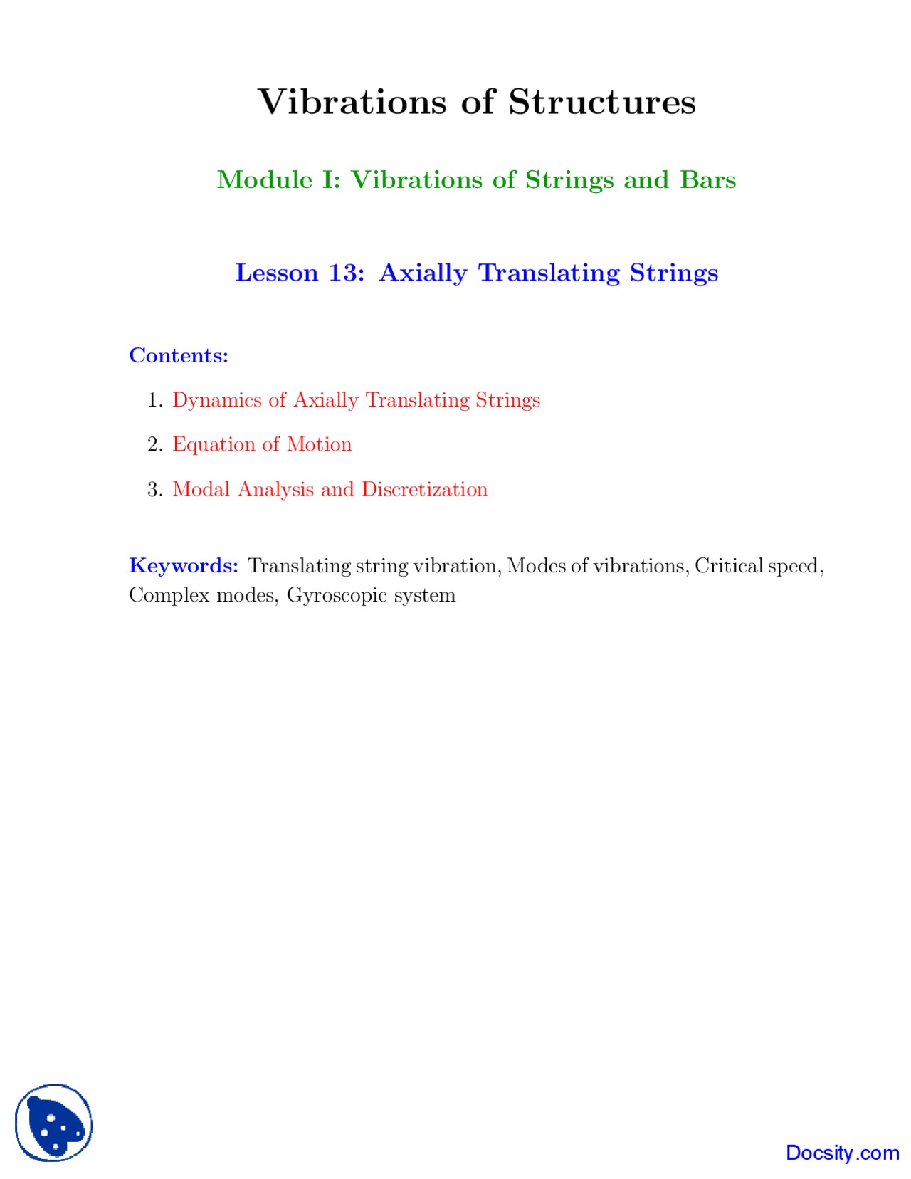 Axially Translating Strings Vibration Of Structures Lecture Notes