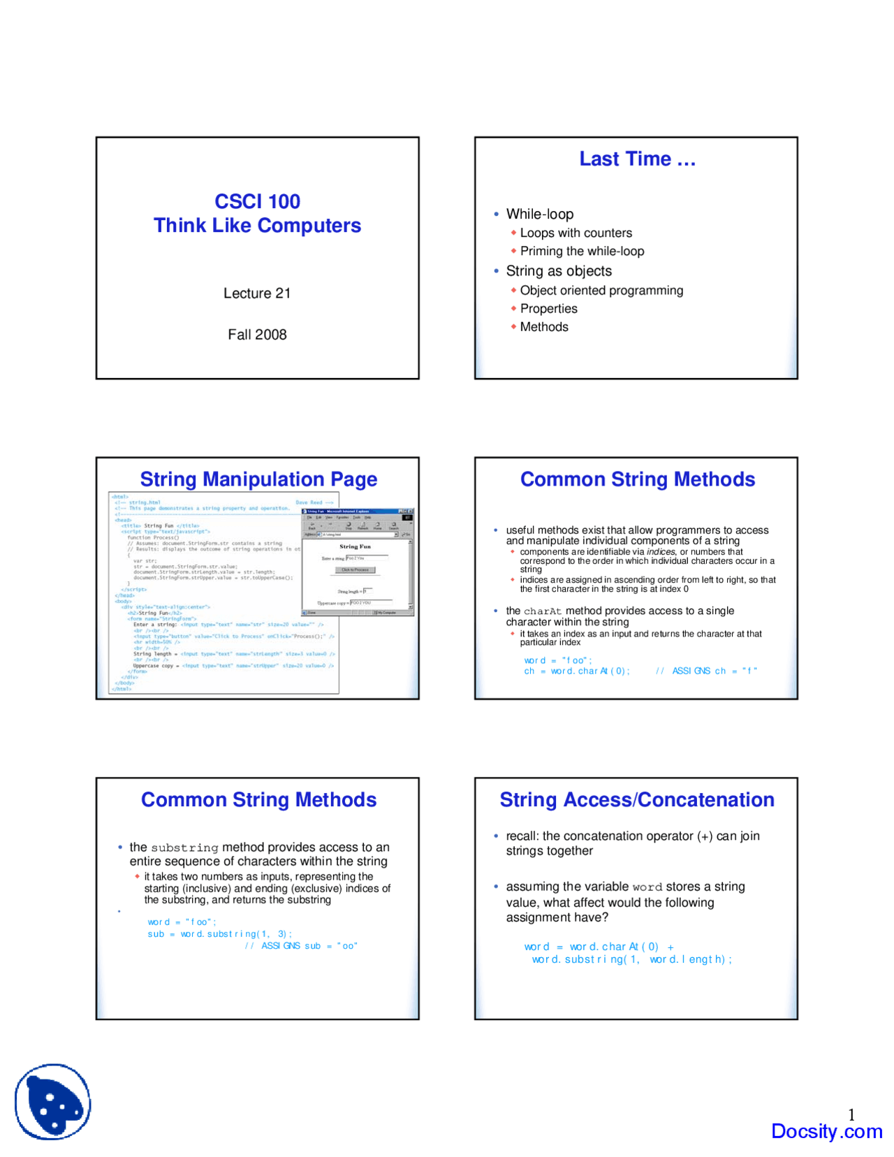 String Manipulation Page Thinking Like Computers Lecture Slides Docsity