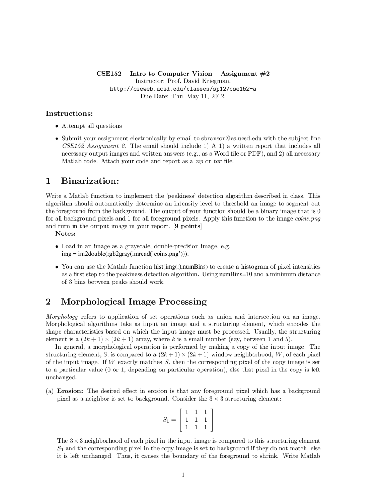 Binarization Introduction To Computer Vision Assignment Docsity