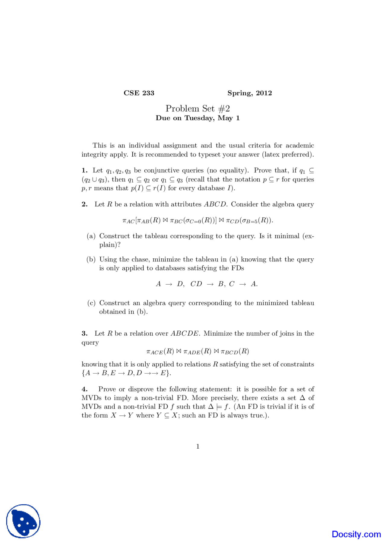 Conjunctive Queries Database Theory Homework Docsity