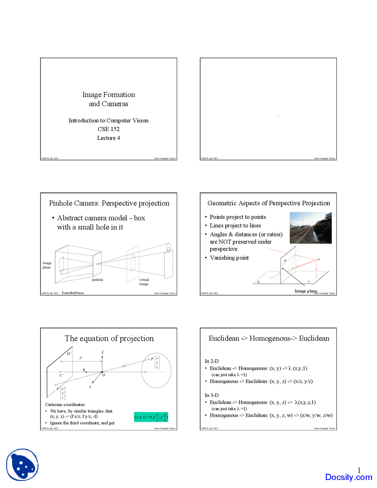 Pinhole Camera - Introduction to Computer Vision - Lecture Slides - Docsity
