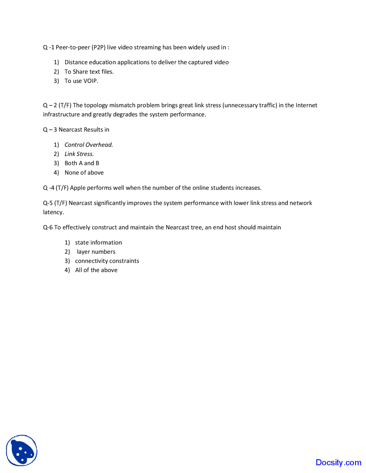 Live Video Streaming - Computer and Information Science - Quiz - Docsity