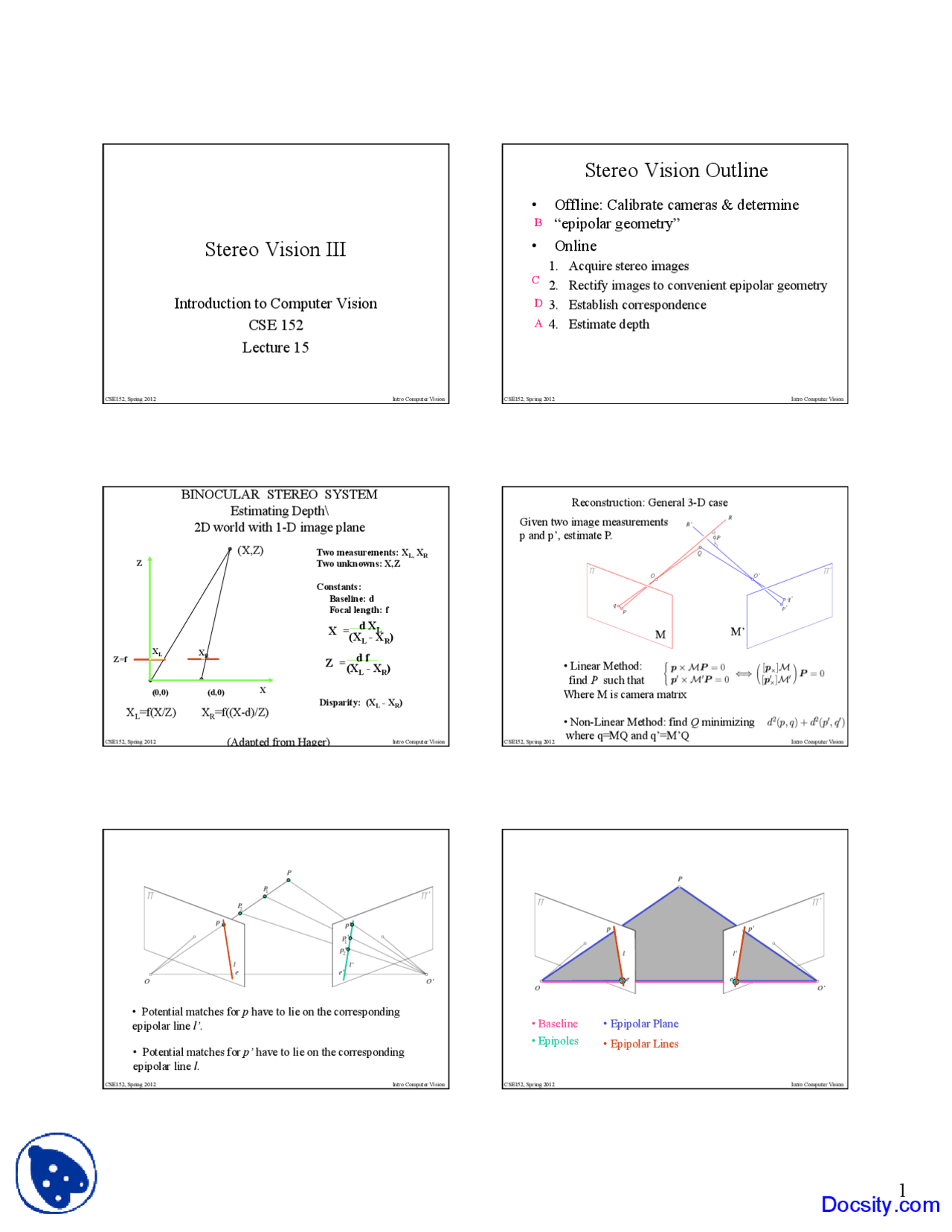 Epipolar Geometry - Introduction to Computer Vision - Lecture Slides - Docsity