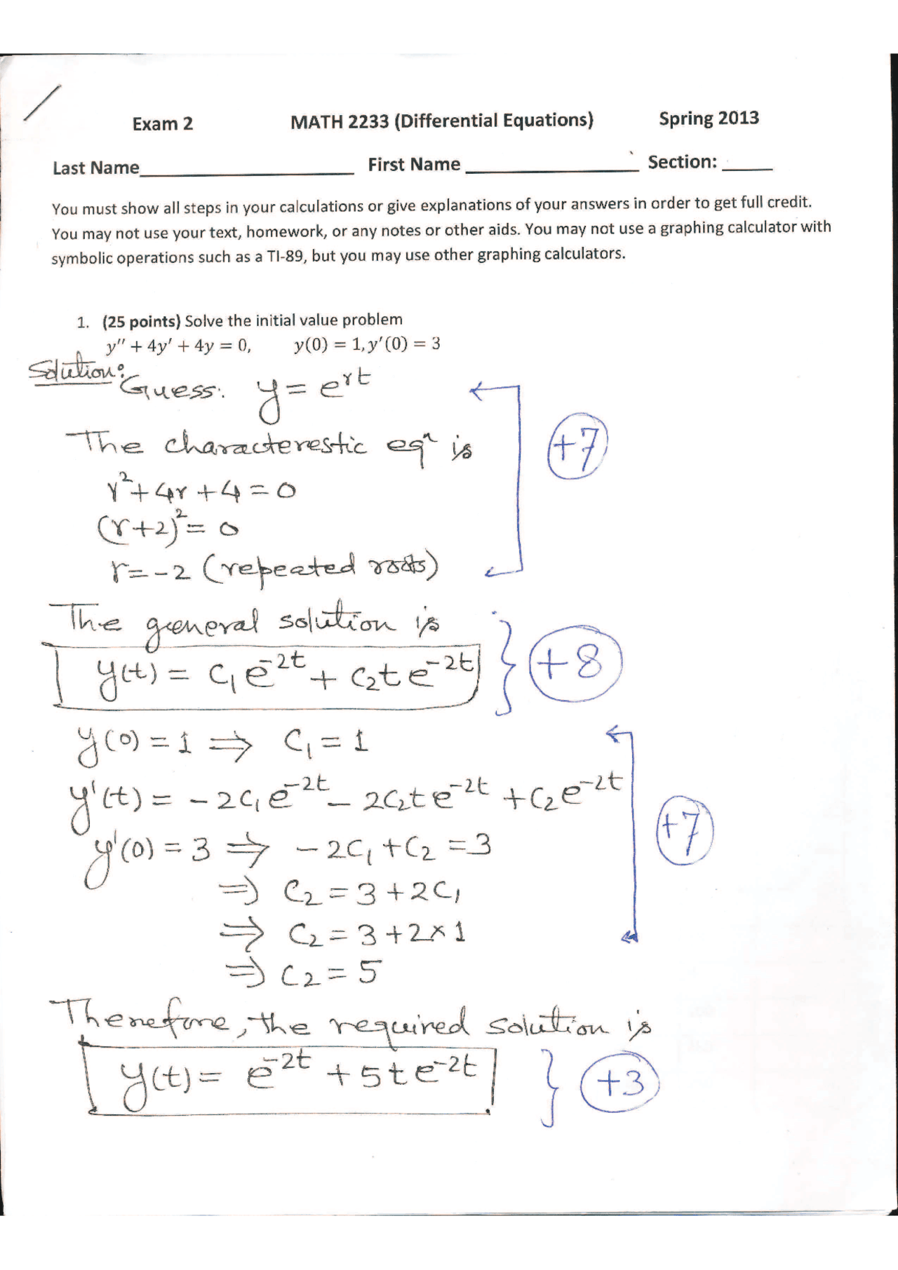 Differential Equations Handwritten Solved Exam Math 2233 Docsity