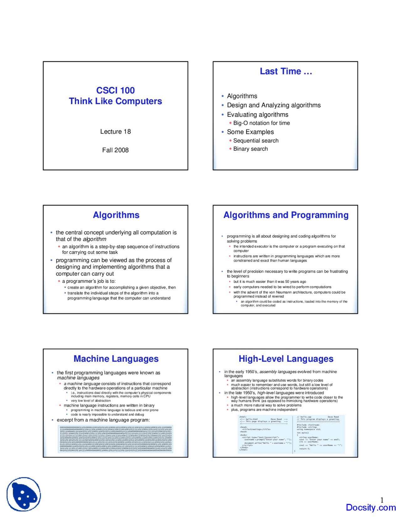 Algorithms And Programming Thinking Like Computers Lecture Slides