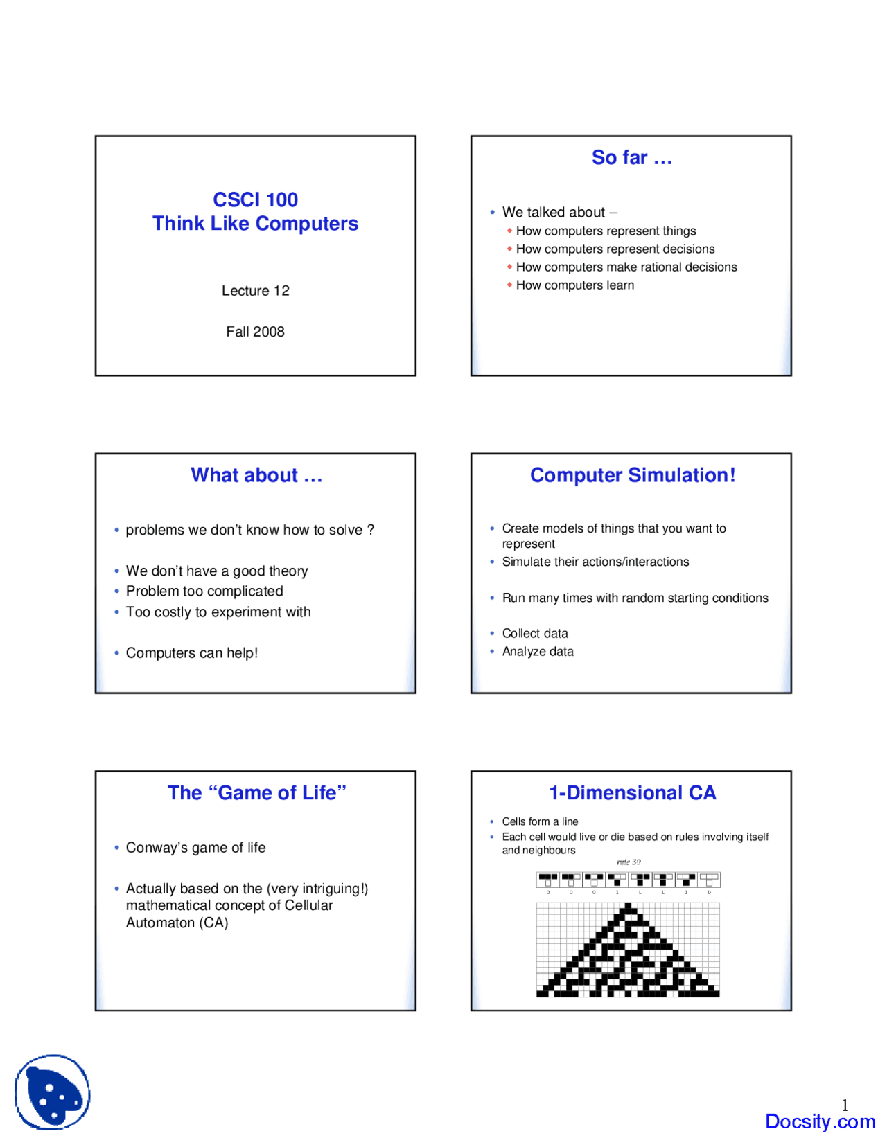 Computer Simulation Thinking Like Computers Lecture Slides Docsity