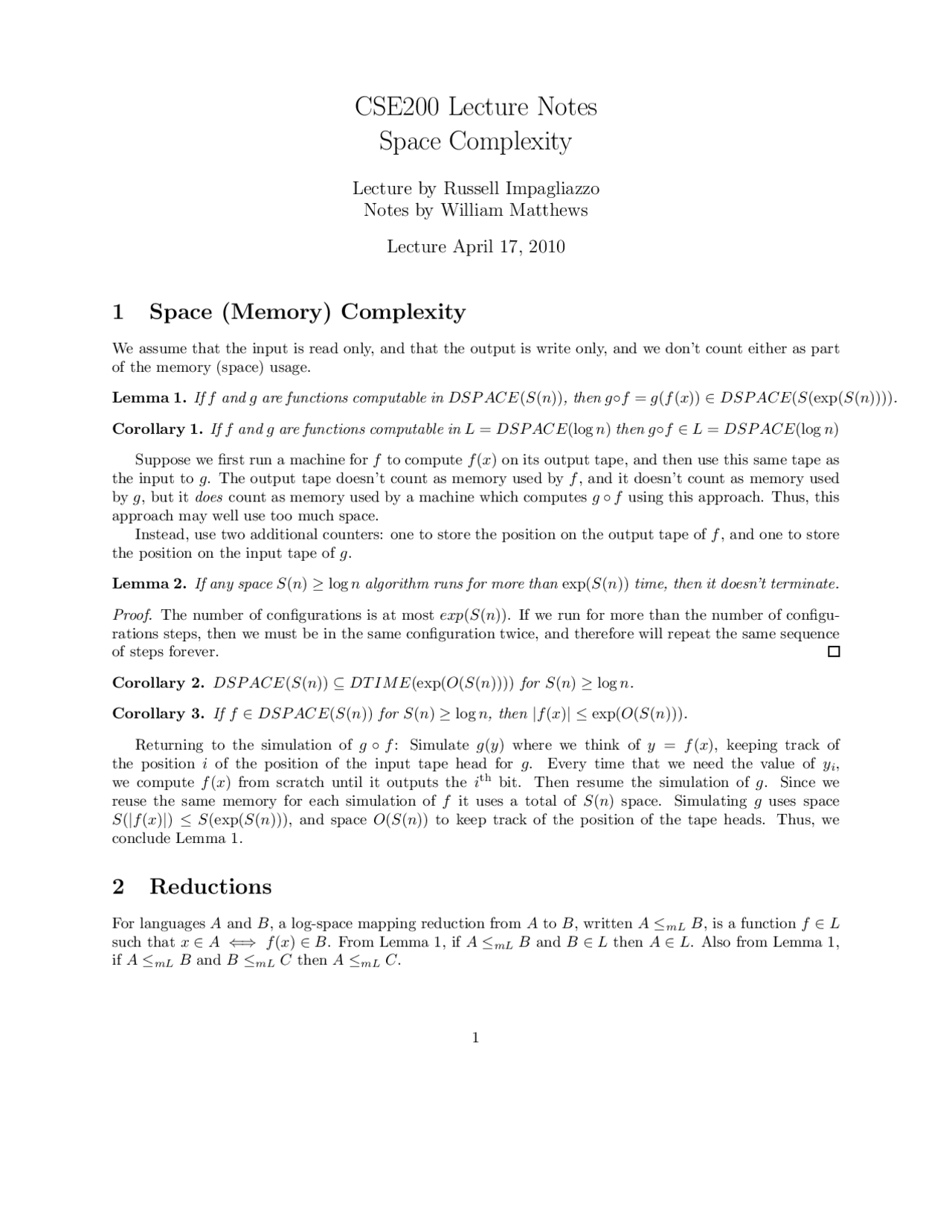 Space Complexity Computability And Complexity Lecture Notes Docsity