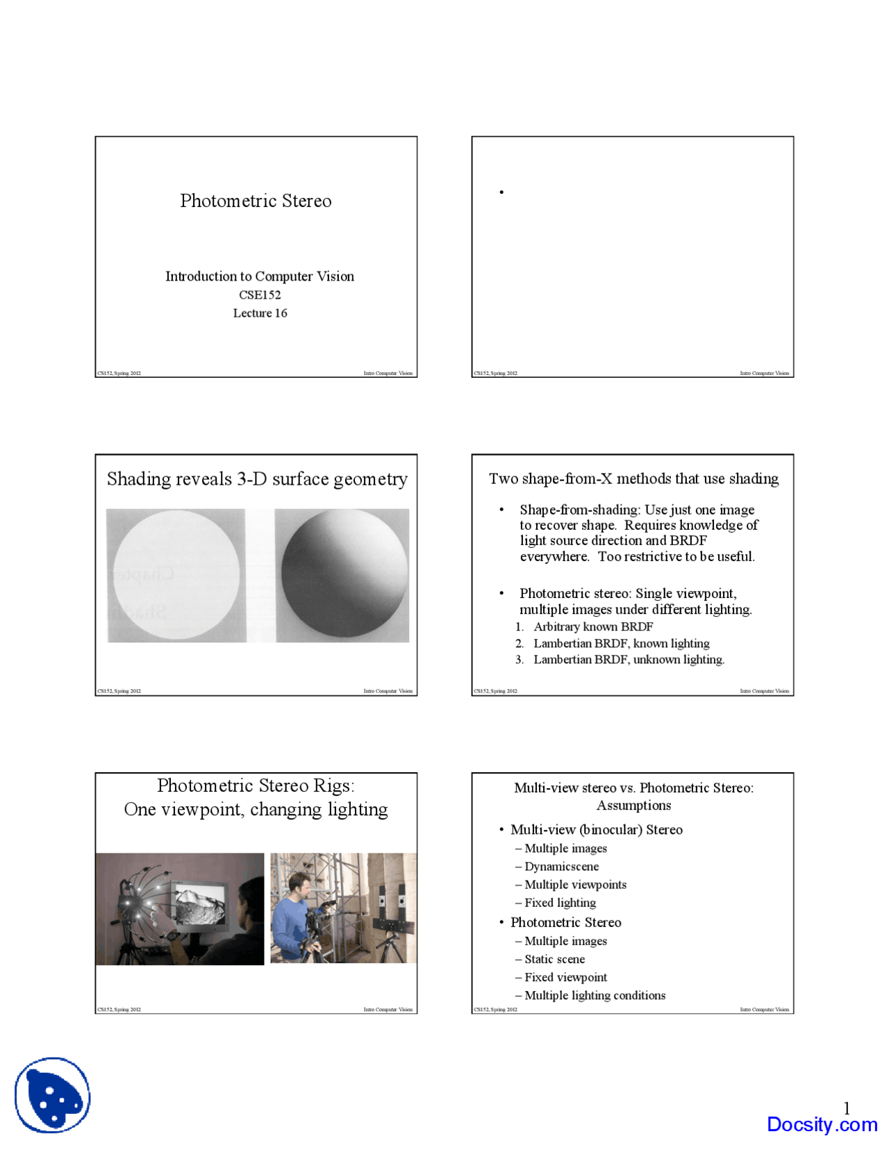 Photometric Stereo Introduction To Computer Vision Lecture Slides