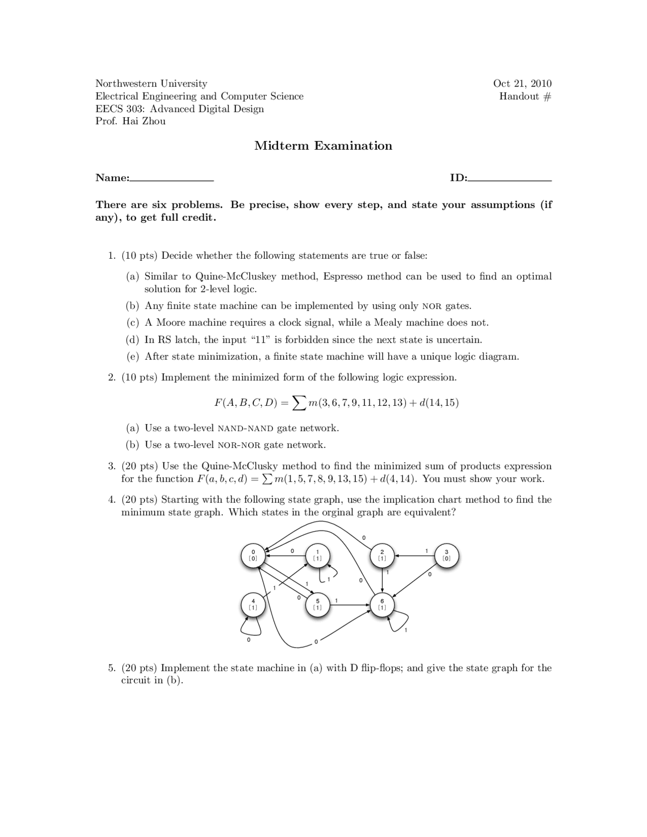 Quine-McCluskey Method - Advanced Digital Design - Homework - Docsity