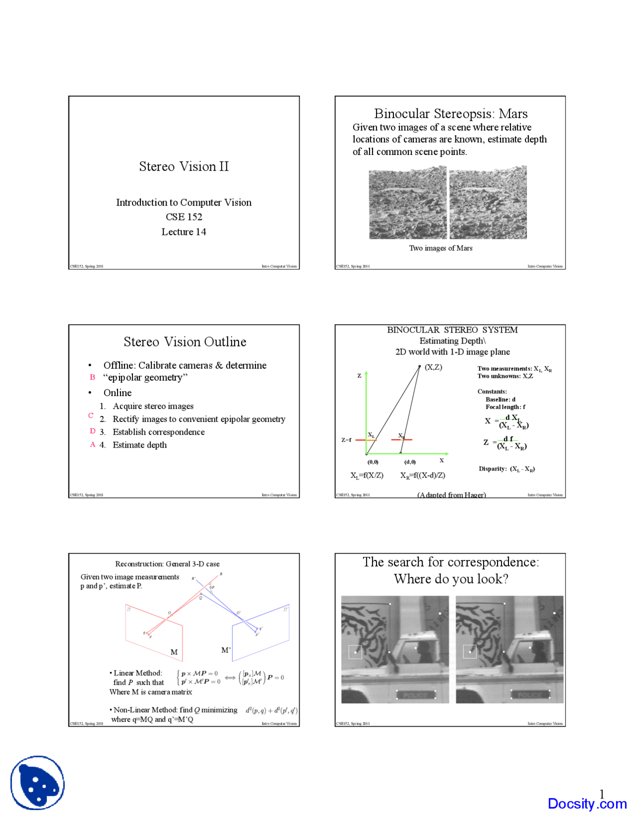 Stereo Vision Introduction To Computer Vision Lecture Slides Docsity