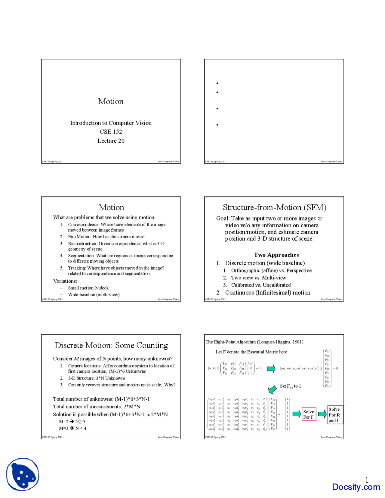 Motion Introduction To Computer Vision Lecture Slides Docsity