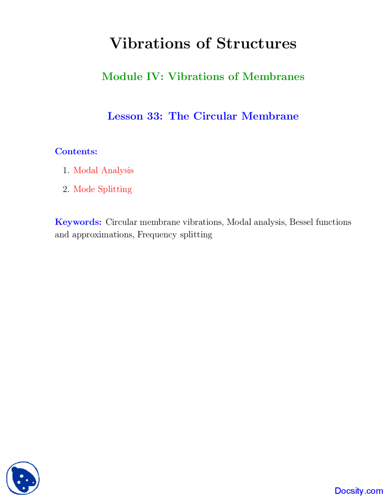 Circular Membrane - Vibration of Structures - Lecture Notes | Study ...