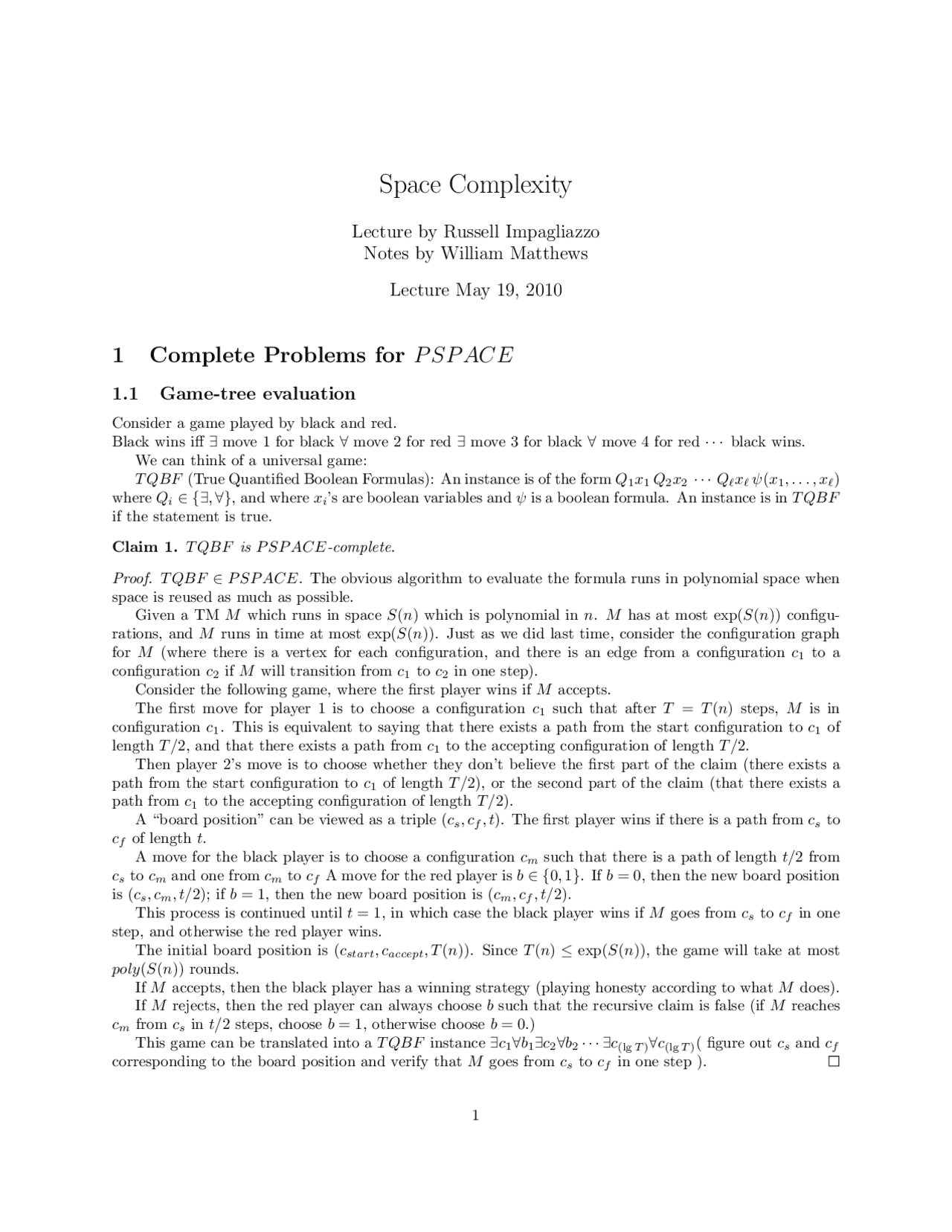 Game Tree Evaluation Computability And Complexity Lecture Notes