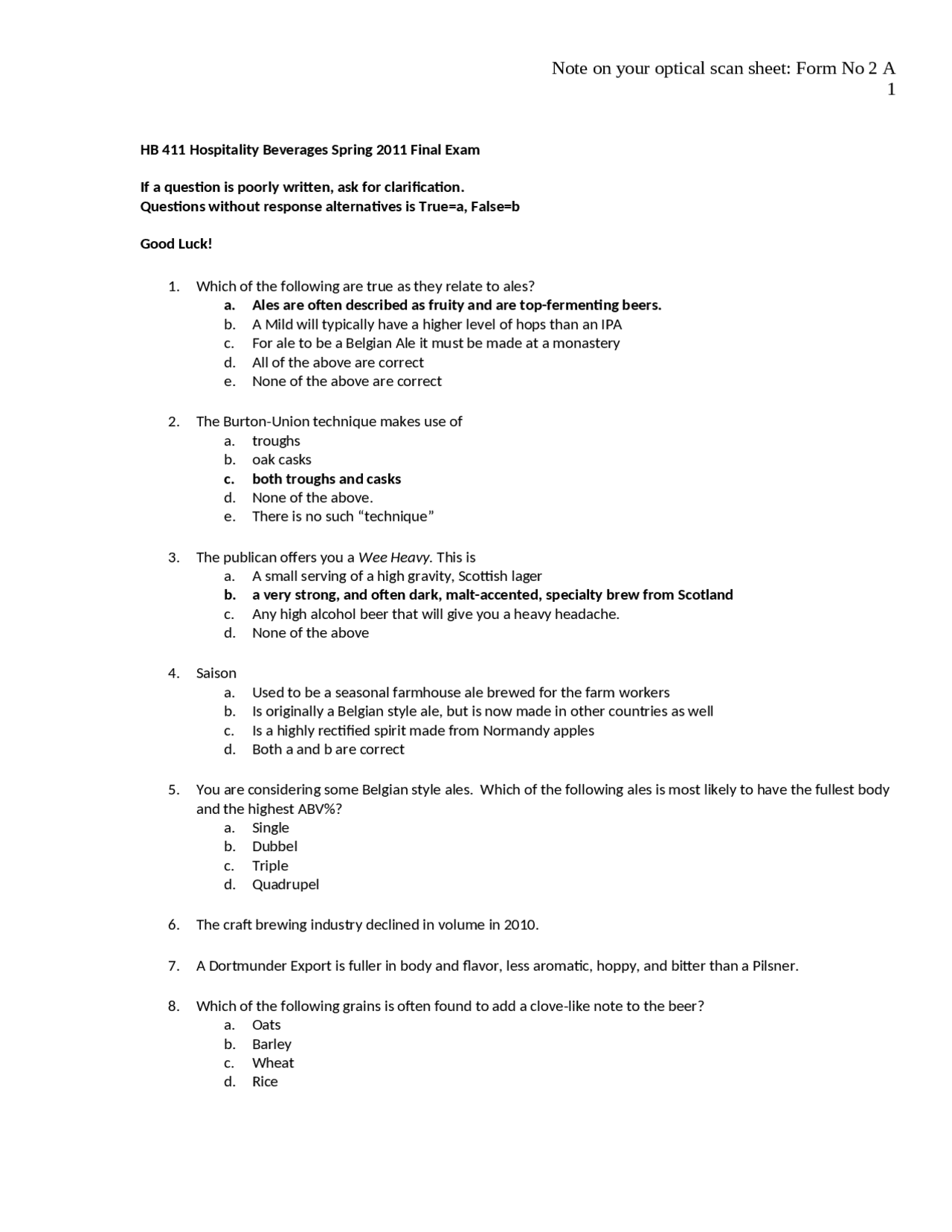 100 Multiple Choice Questions | Hospitality Beverages | HB 411 - Docsity