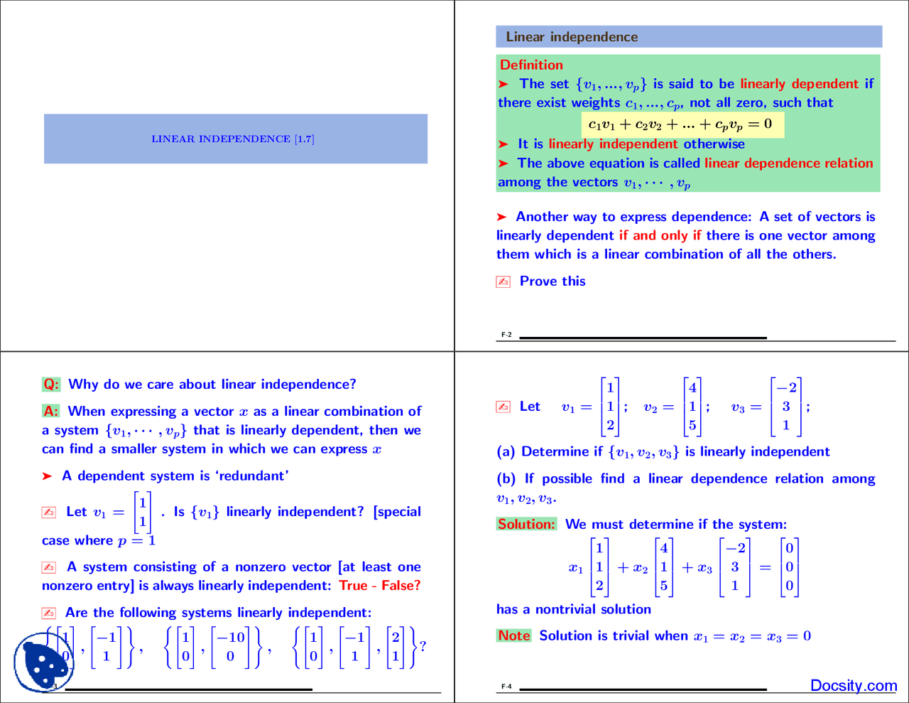 Linear Independence Computer Sciences Lecture Slides Docsity