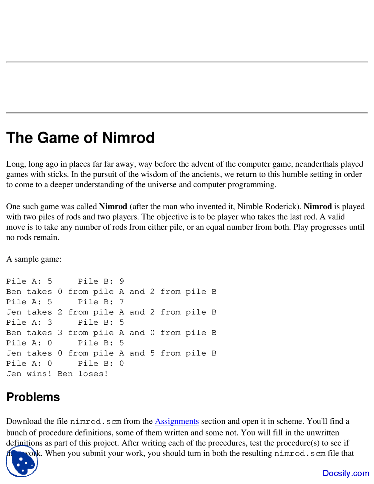 The Game Of Nimrod Building Programming Experience Homework Docsity