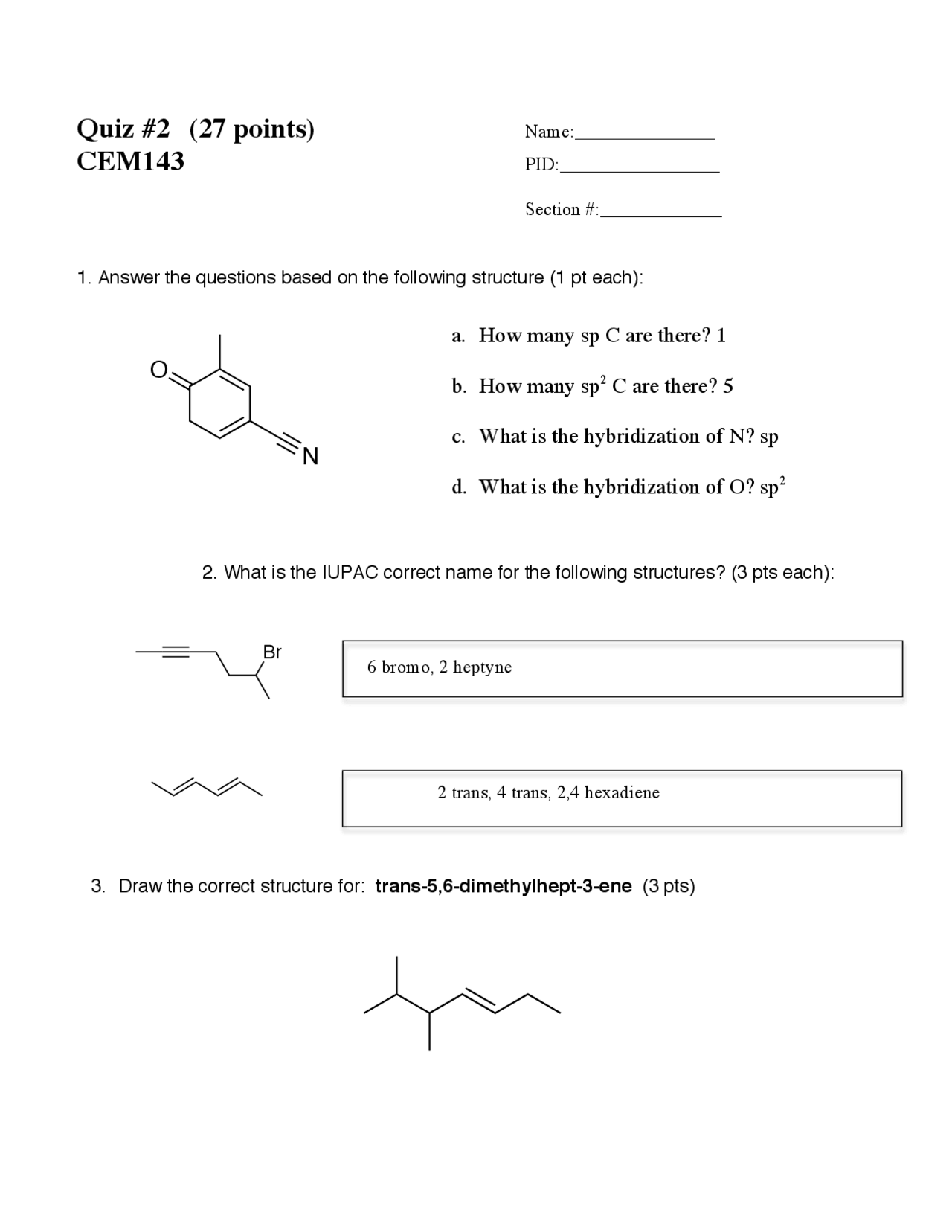 Multiple Choice With Solutions Quiz 2 Survey Of Organic Chemistry Cem 143 Docsity